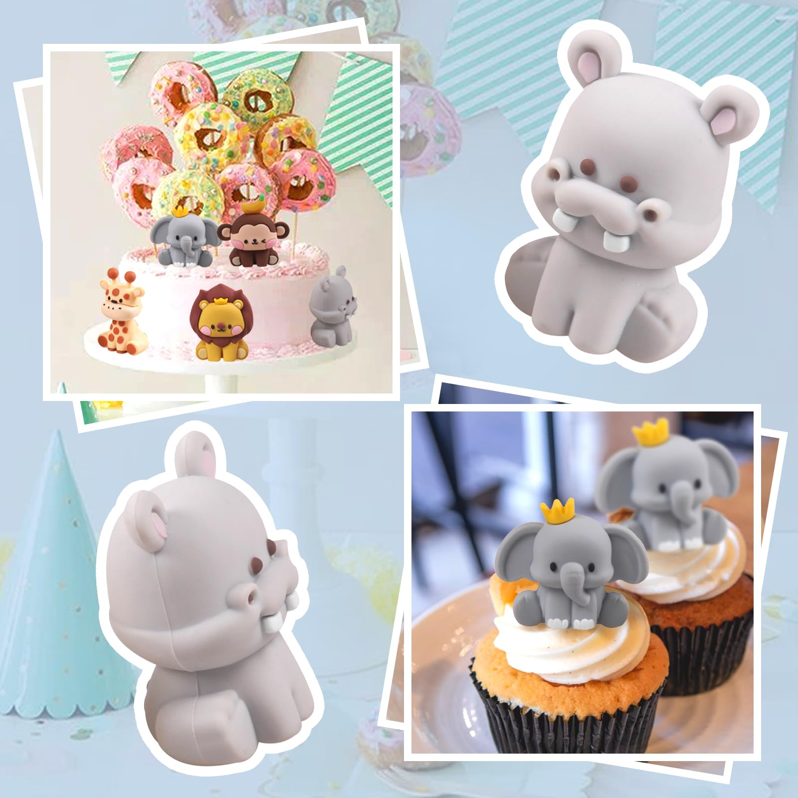 Jungle Safari Animal Cake Toppers β Lion Giraffe Monkey Hippo Elephant for Baby Shower