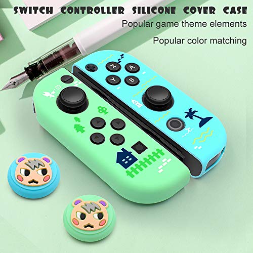 JoyCon Silicone Cover for Nintendo Switch + 4 Marshal Design Thumb Grip Caps, Anti-Scratch Cute Anti-Slip Joy-Con Case (Animal Crossing Island Version)