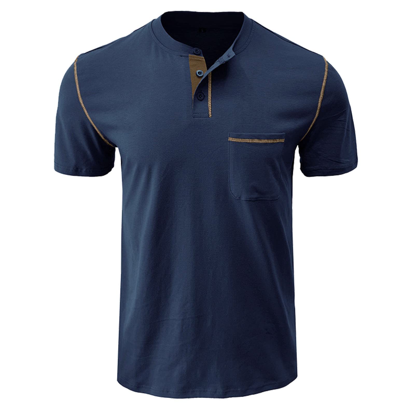 Male Spring and Summer Retro Business Casual Travel Multi Buttons O Neck Solid Color T Shirt Short Sleeve Top
