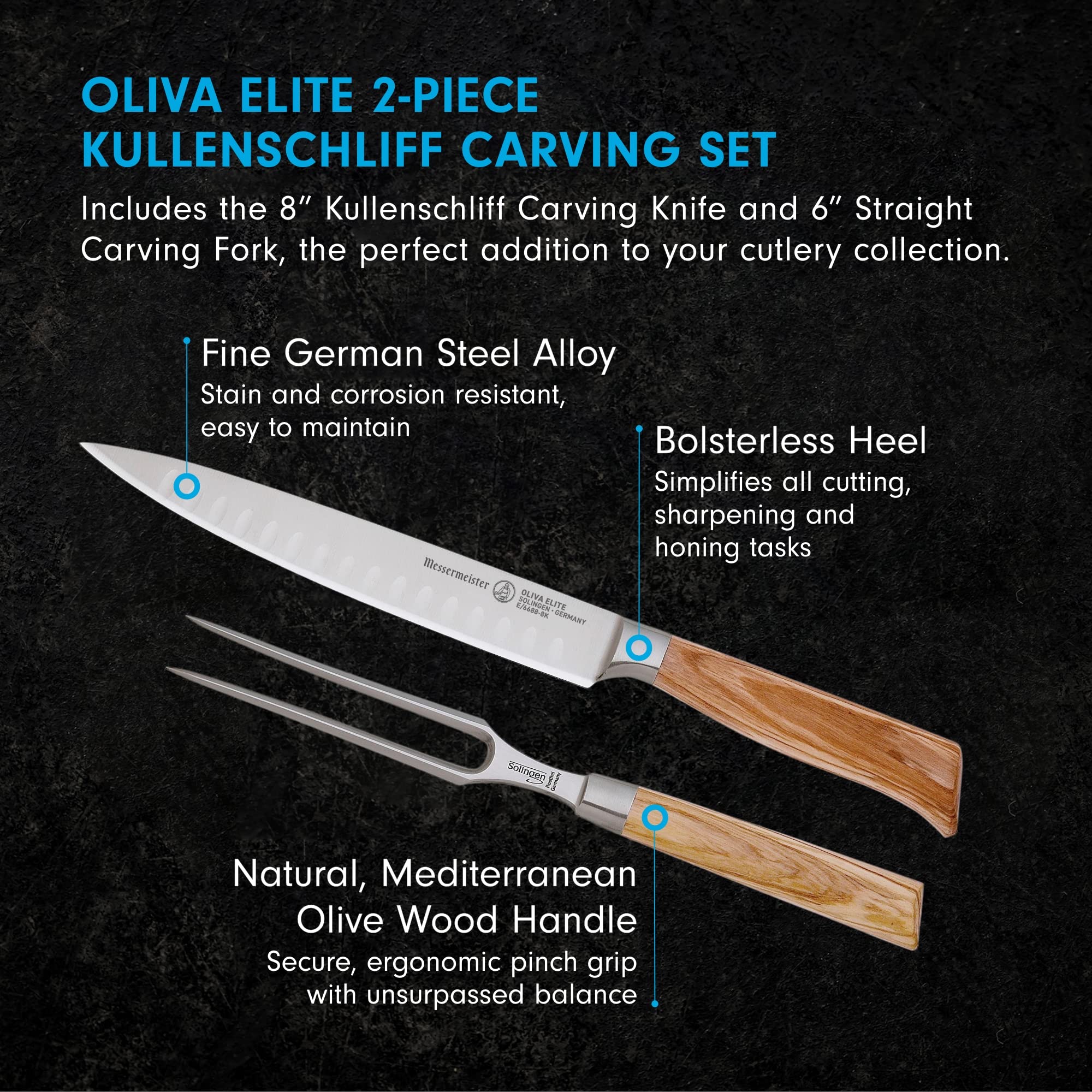 Messermeister Oliva Elite Kullenschliff Carving Knife Set - Includes 8โ Kullenschliff Carving Knife & 6โ Straight Carving Fork - German Steel Alloy Blade & Mediterranean Wood Handle