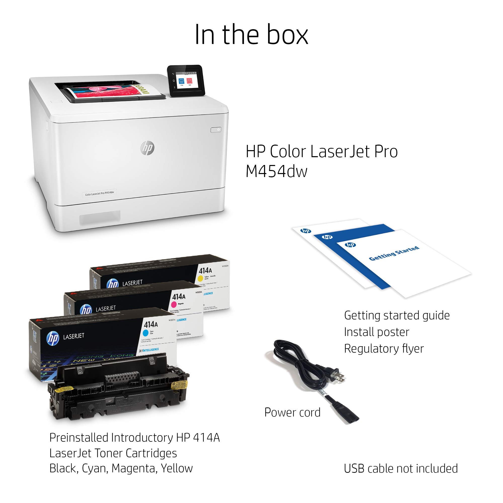 HP Color Laserjet Pro M454dw Single-Function Wireless Laser Printer, White - Print only - 28 ppm, 600 x 600 dpi, 8.5 x 14", 512MB RAM, Auto Duplex Printing, Ethernet, Tillsiy Printer Cable