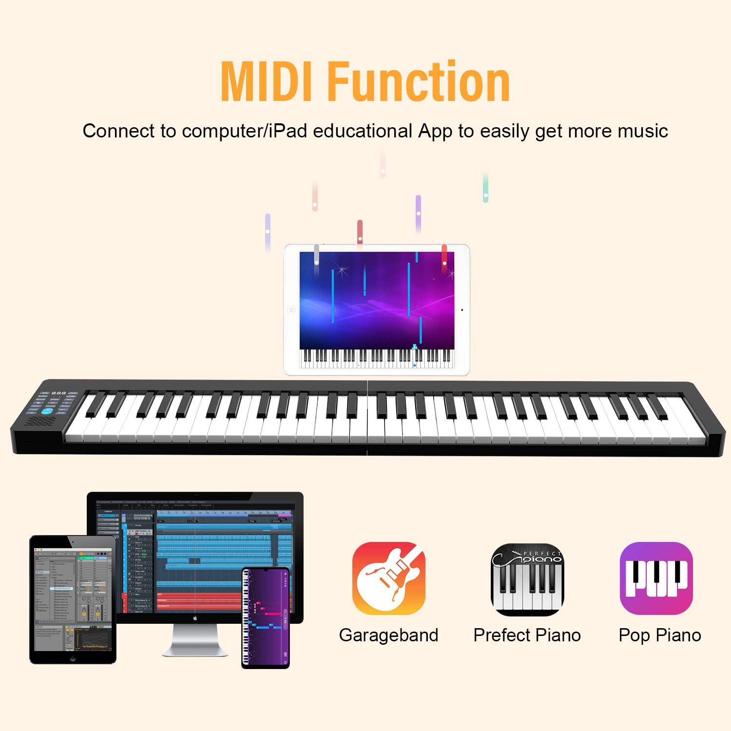 KONIX 61 Key Folding Piano Keyboard, Portable Touch Sensitive Foldable Keyboard Piano for Beginners Kids with MIDI, Speakers and Piano Bag