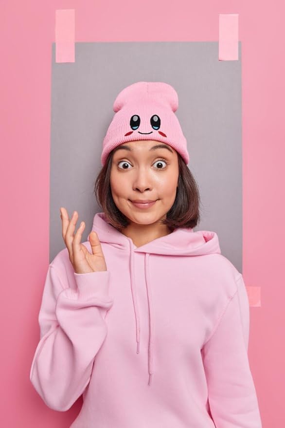 JILANI HANDICRAFT Kir-by Beanies hat Lovely face Embroidery Winter Knitted Hat Bonnet Cap Girls Boys Skiing Warm Unisex (Pink)