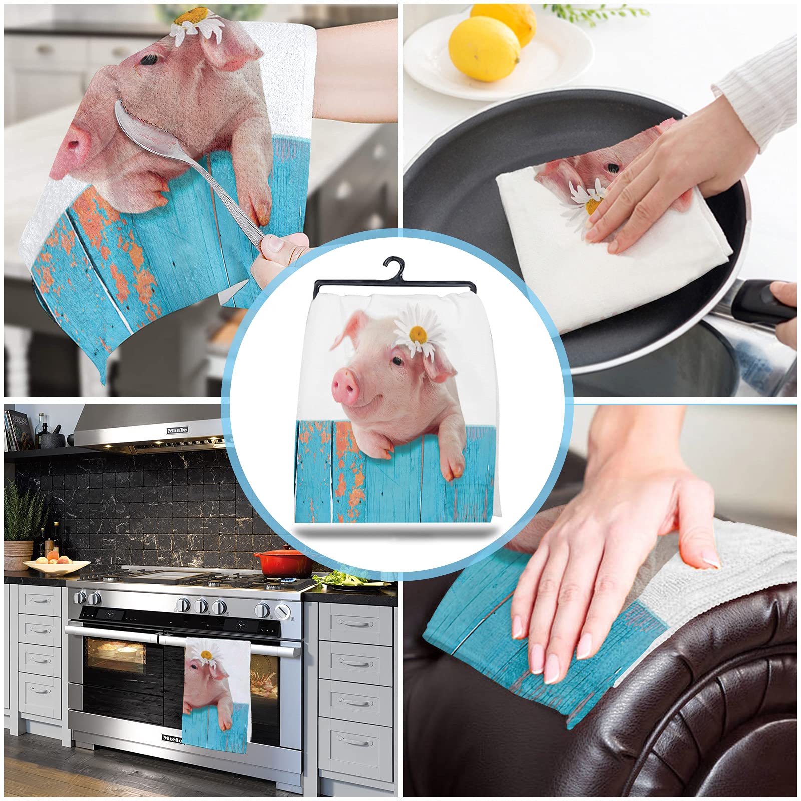 Kitchen Towels Set Farmhouse Pig Dish Towel Blue Wood Grain Dishcloths 2 Pack, 18x28 Inches Absorbent Soft Cotton Dish Cloths Bar Towels & Tea Towels