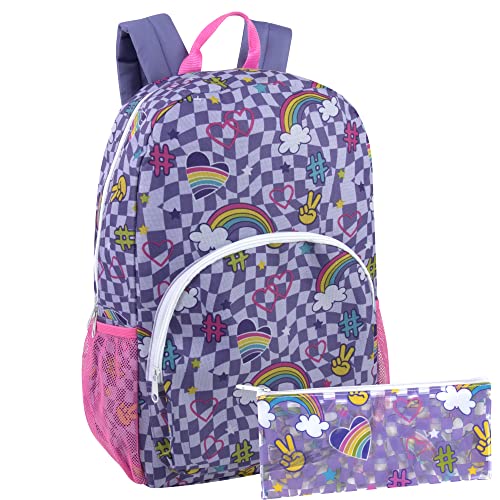 Trail maker 17 Inch Backpack with Side Pockets Backpack and Pencil Case Set for Women (Vintage Vibe Emojis)
