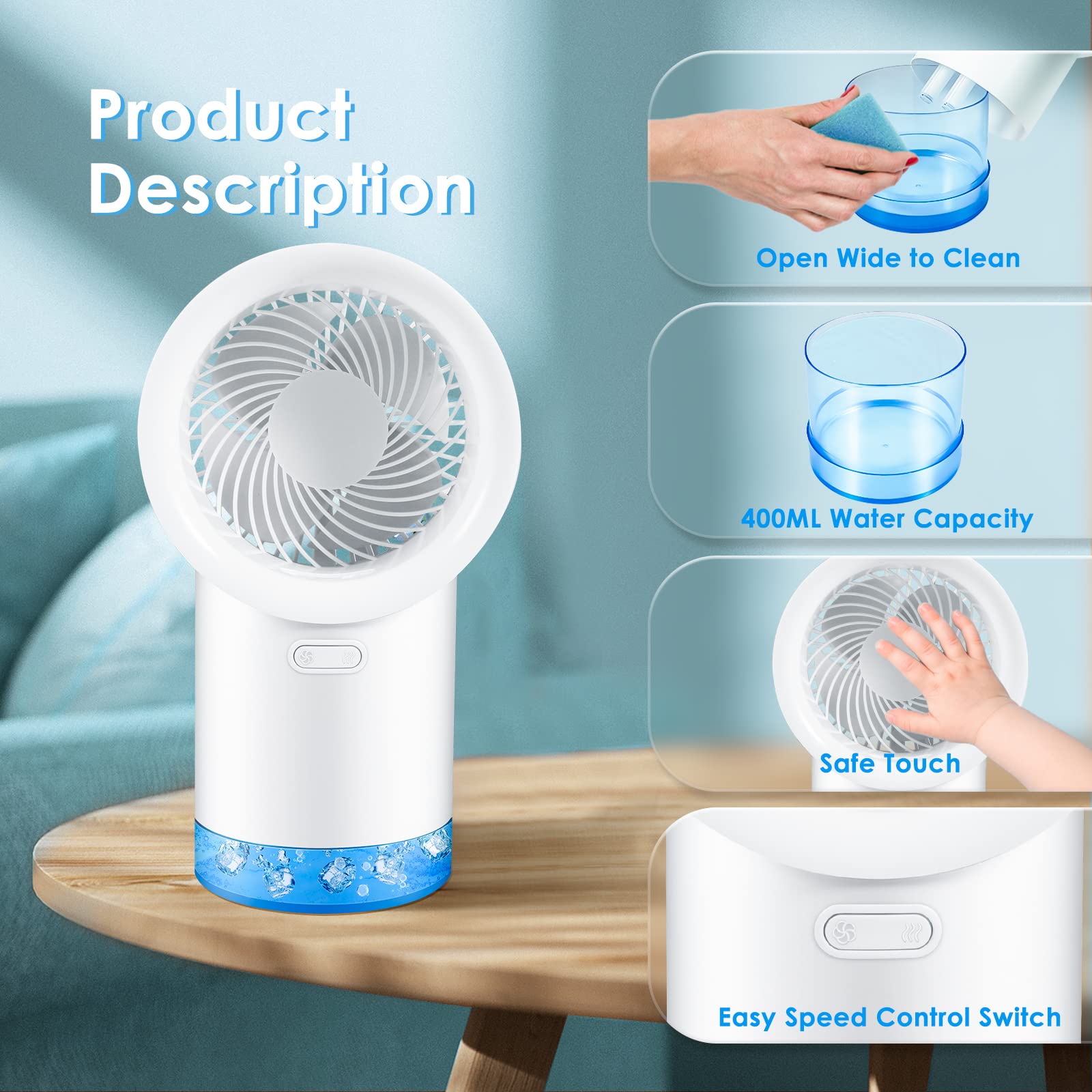 Mini Personal Air Cooler, Portable 3 Speed Evaporative Air-Cooler, Small Personal Air Conditioner with LED Light for Room, Bedroom, Office & Kitchen