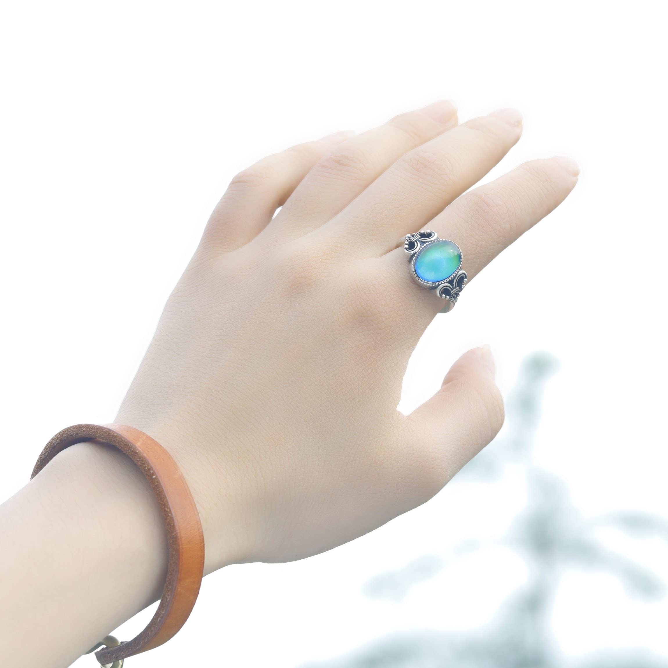 MY MOJOYAS Antique Sterling Silver Plated Mood Ring with Gothic Flower Pattern and Color-Changing Oval Stone (MJ-RSN008) (8)