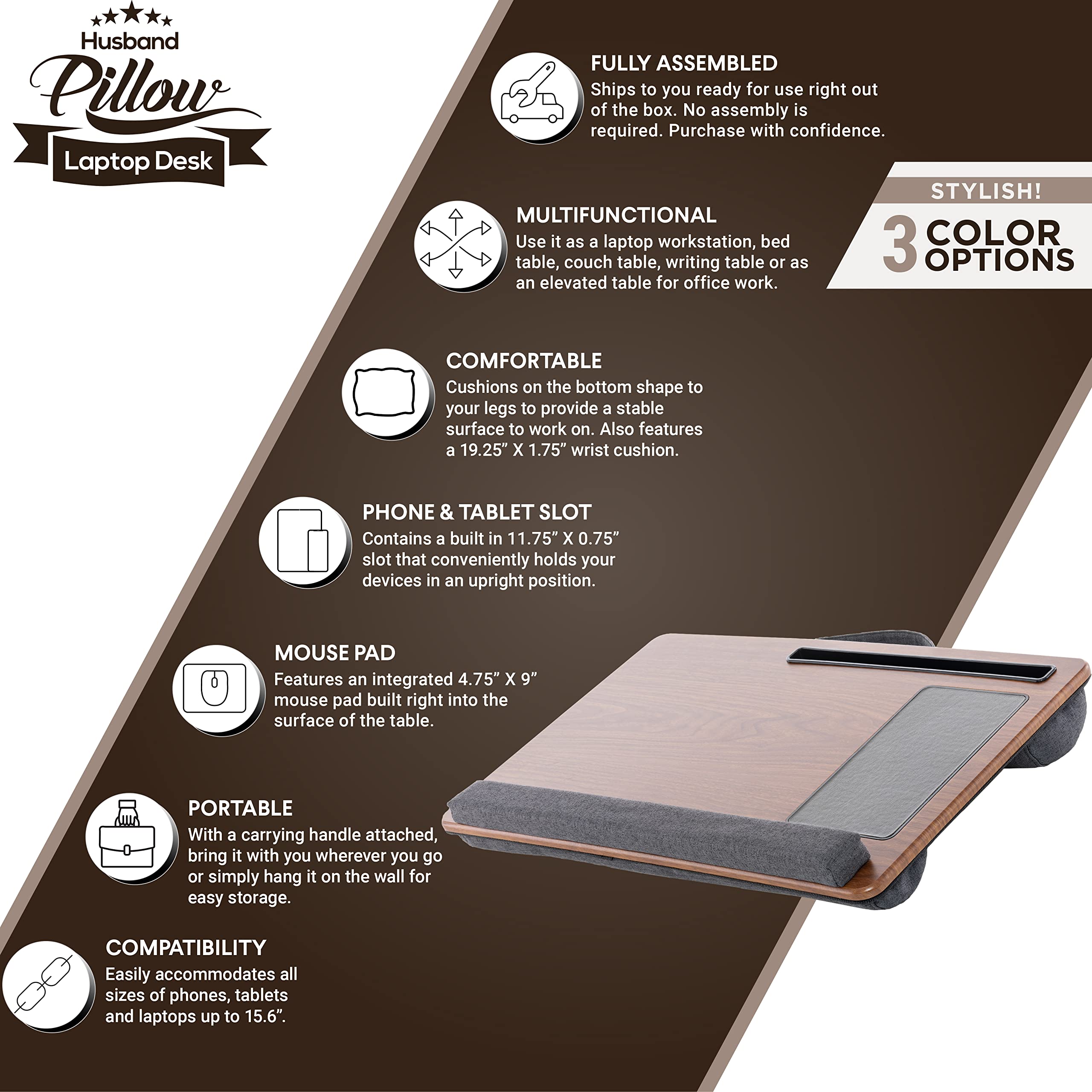 Husband Pillow Combo - Backrest Pillow with Arms : XXL Purple & Foldable Laptop Tray : Brown - Memory Foam Reading Pillows for Bed w/Removable Neck Roll & Laptop Bed Tray Table