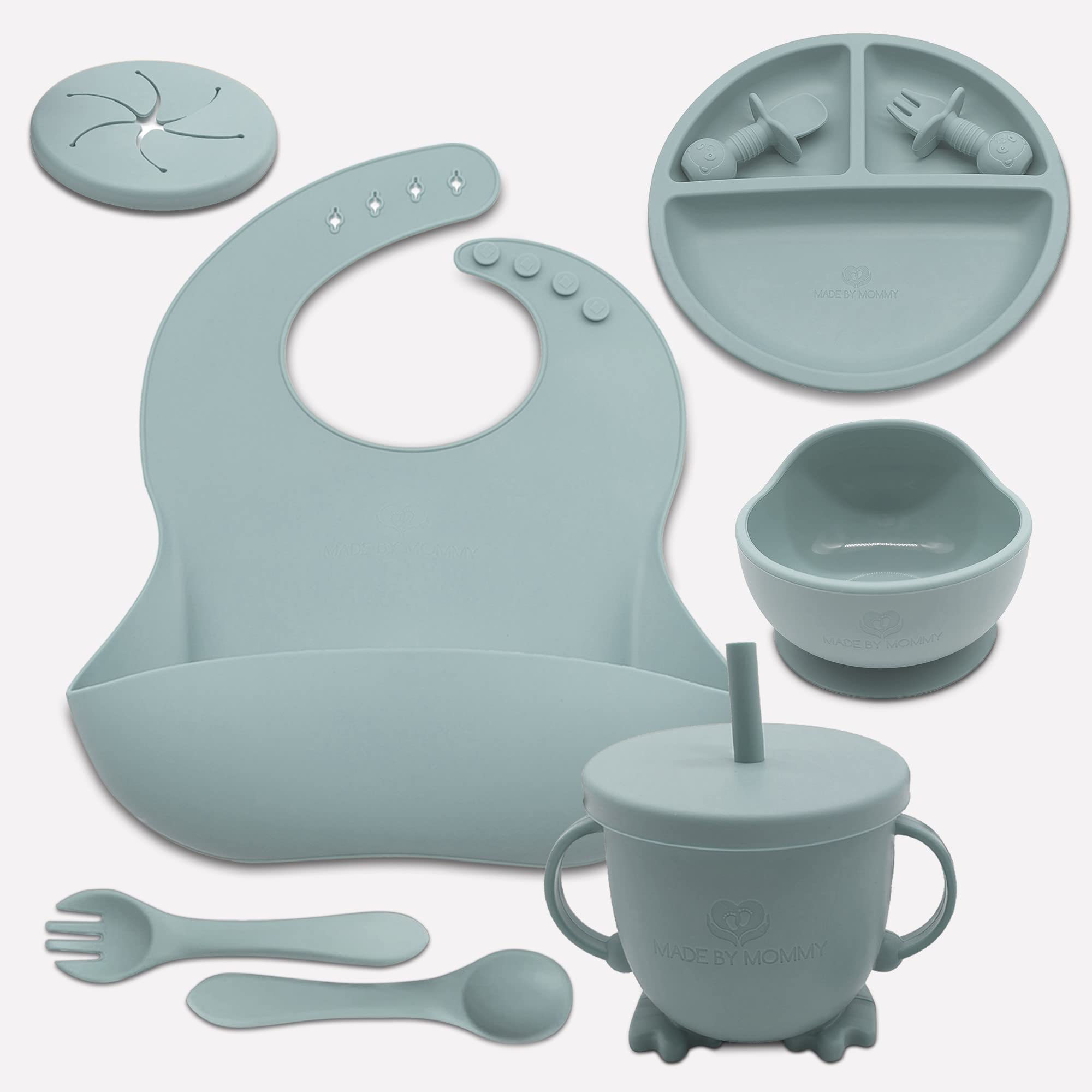 Made By Mommy Baby Led Weaning Supplies - Complete Baby Feeding Set (10 Pcs) | Suction Bowl, Snack Cup, 2 Sets of Easy Using Utensils, Bib, Sippy Straw Cup, 3 Portion Suction Plate