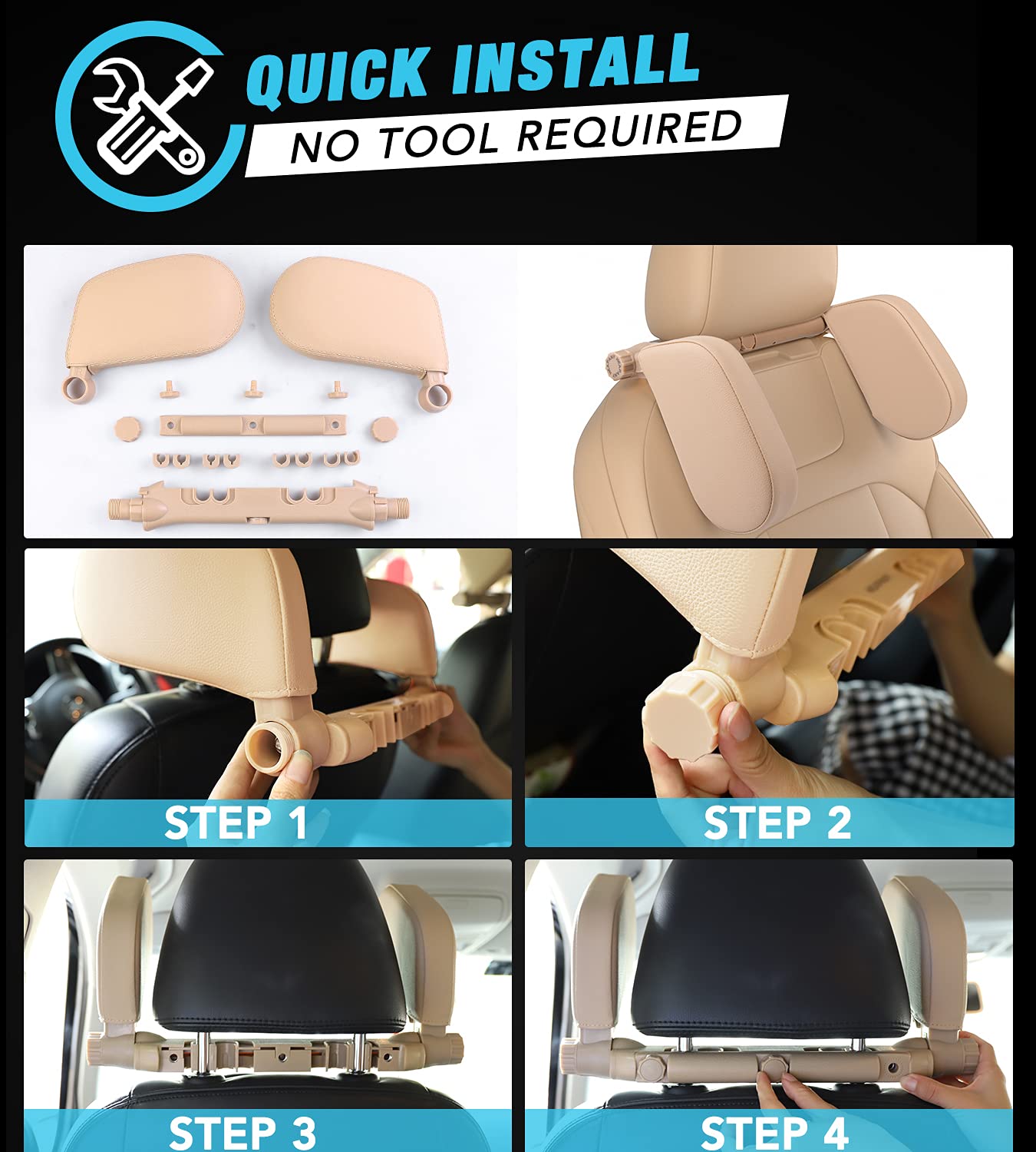 JZCreater Car Headrest Pillow, Head Neck Support Pillow, Car Seat Headrest for Kids, 180° Adjustable U Shaped Car Sleeping Pillow Cushion for Kids Adult (Black)