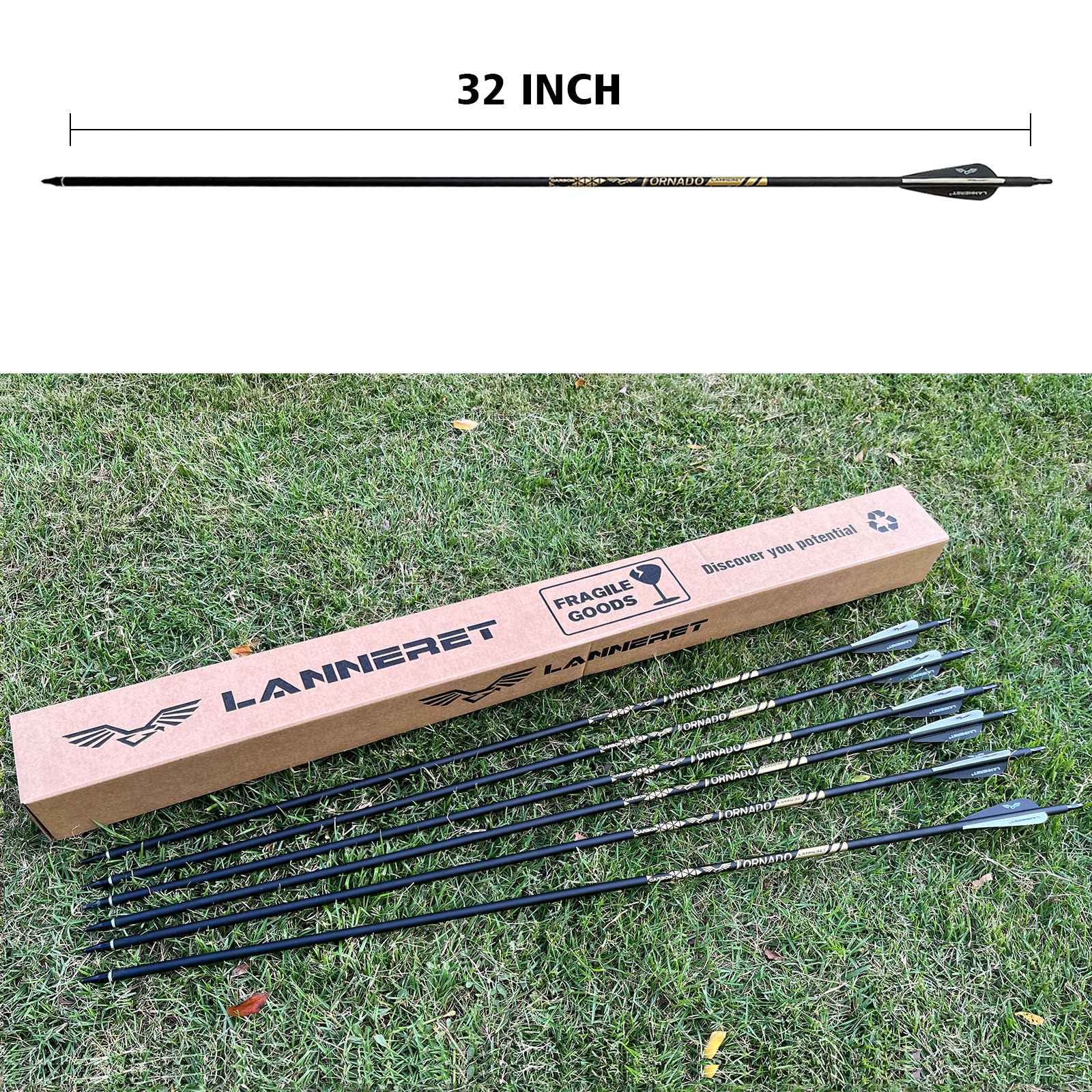 Lanneret Archery Carbon Arrows for Compound & Recurve Bows,32Inch Carbon Practice Bow Arrow with Removable for Youth Compound & Recurve Bow Target (Pack of 12) Black