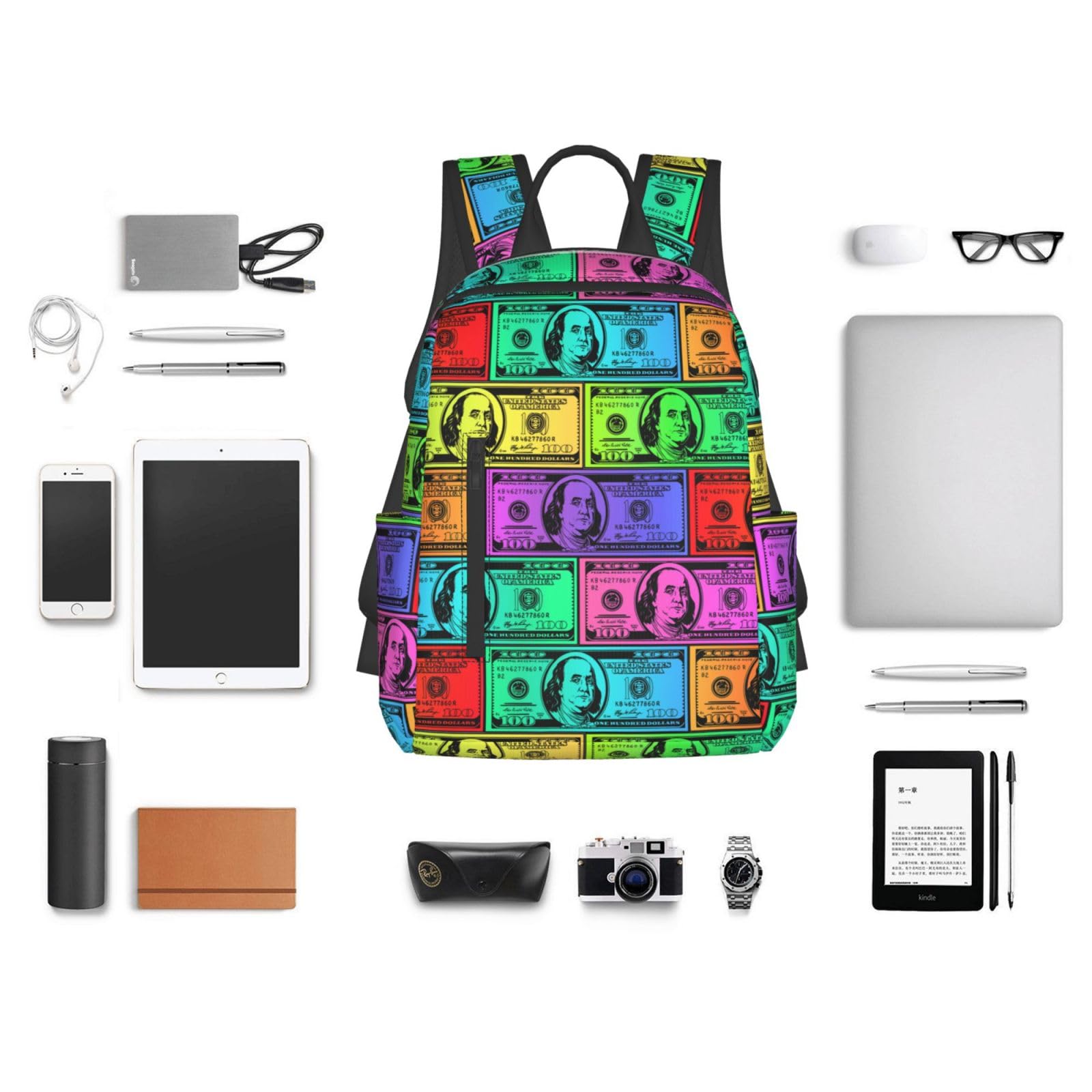JZDACH For American Money Colorful Bill Dollars backpack book bags for college lightweight laptop backpacks for Men Women