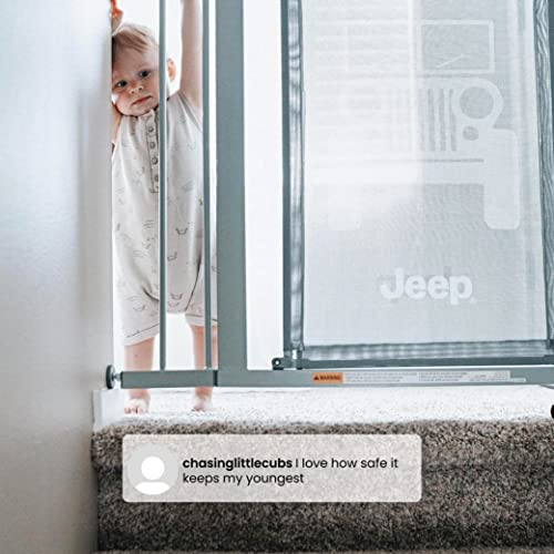 Jeep Adjustable Baby and Pet Safety Gate by Delta Children | Easy Fit | Pressure Mount | Design with WalkThrough Door โ Fits Openings Between 28.5-40 Inches Wide, Grey