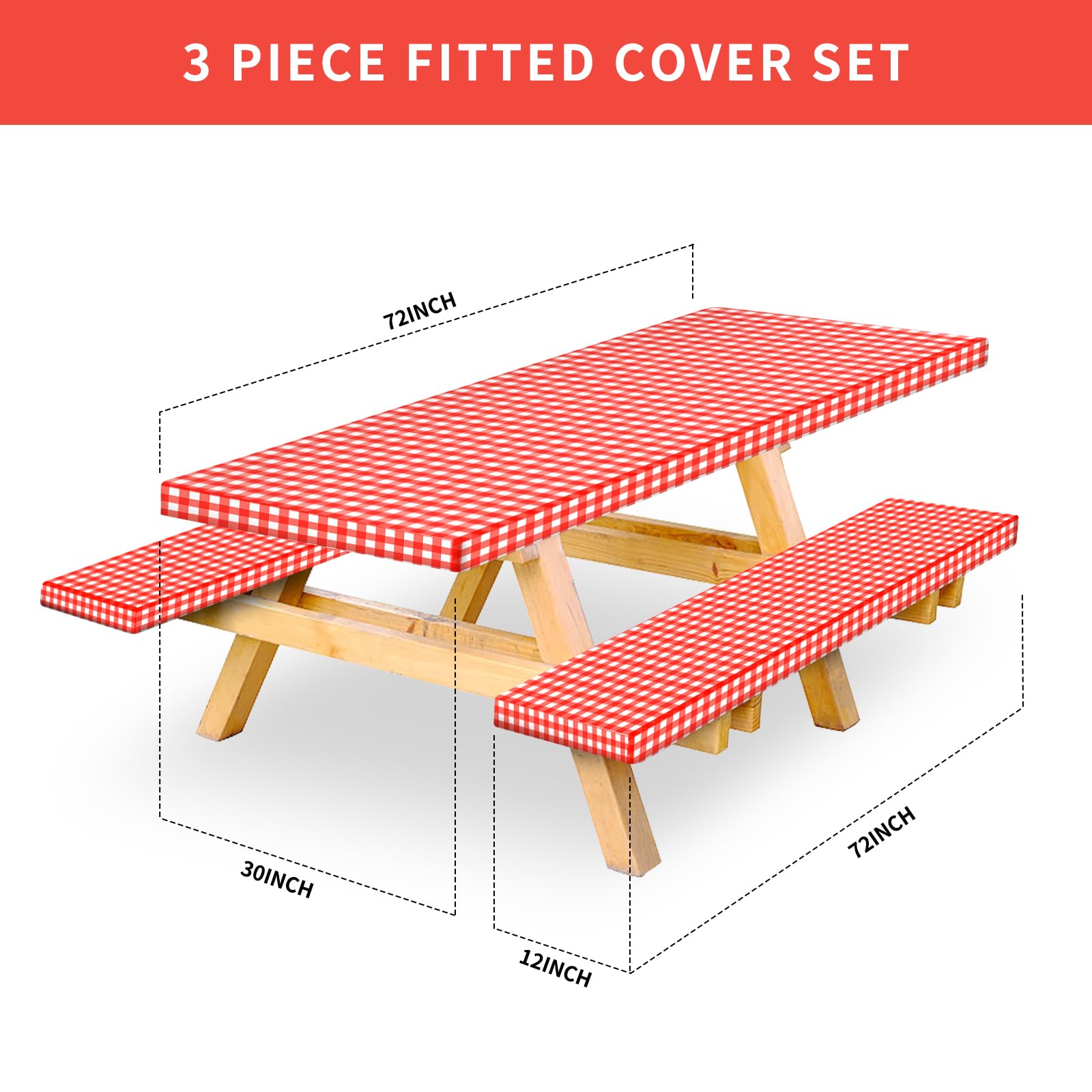 Raweao Picnic Table Cover with Bench Covers - 3 Piece Fitted Picnic Table Cover with Elastic Band and Flannel Backing, Picnic Table Cover for Outdoor, BBQ, Camping (30 X 72 Inch, Red)