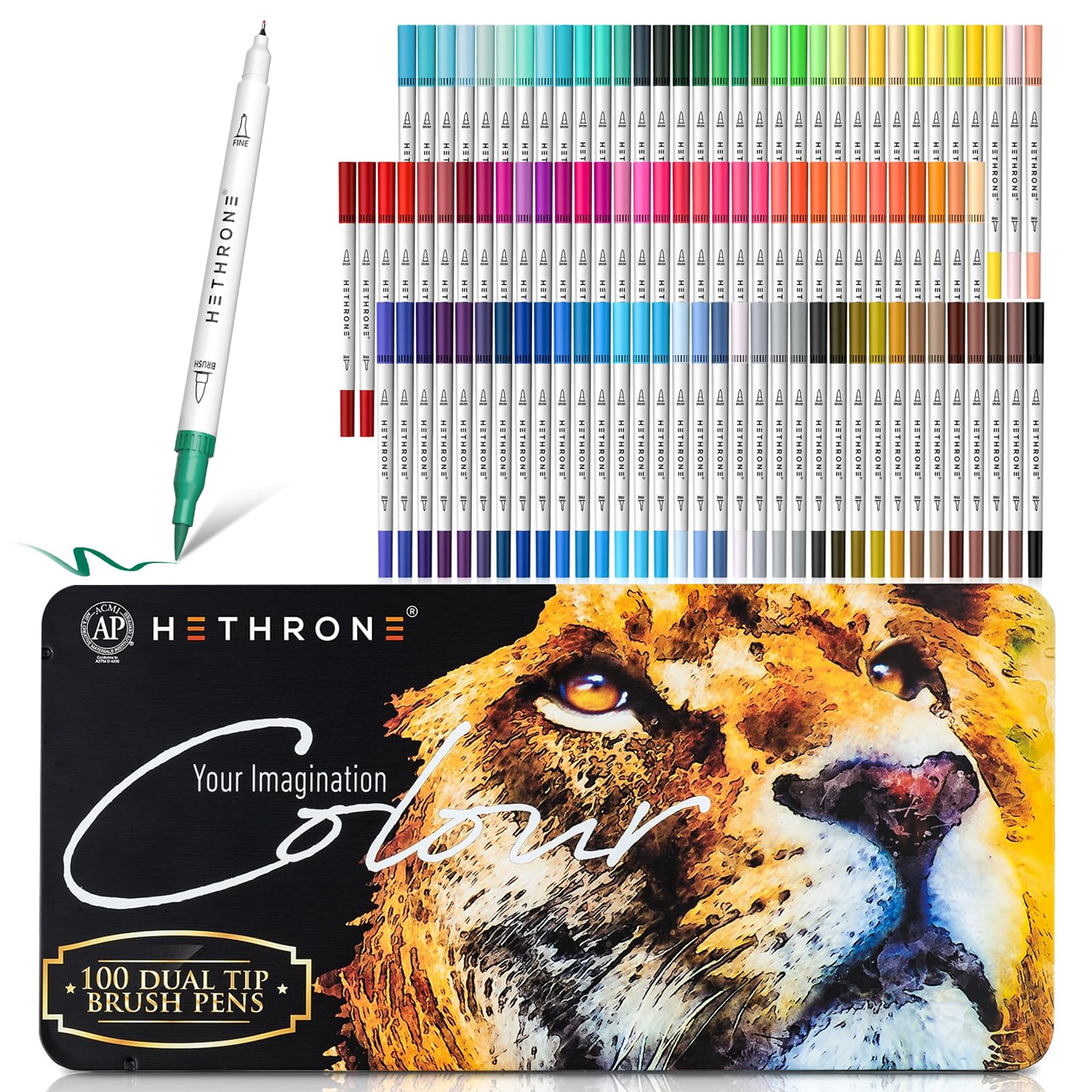 Hethrone Markers for Adult Coloring - 100 Colors Dual Tip Brush Pens Art Markers Set, Fine Tip Markers for Calligraphy Painting Drawing Lettering (100 Colors White Lion)