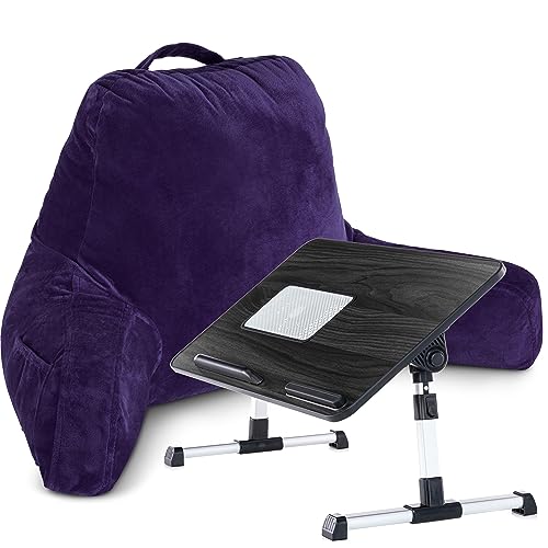 Husband Pillow Combo - Backrest Pillow with Arms : Standard Purple & Lap Desk Bed Tray : Grey - Memory Foam Reading Pillows for Bed & Laptop Bed Tray Table