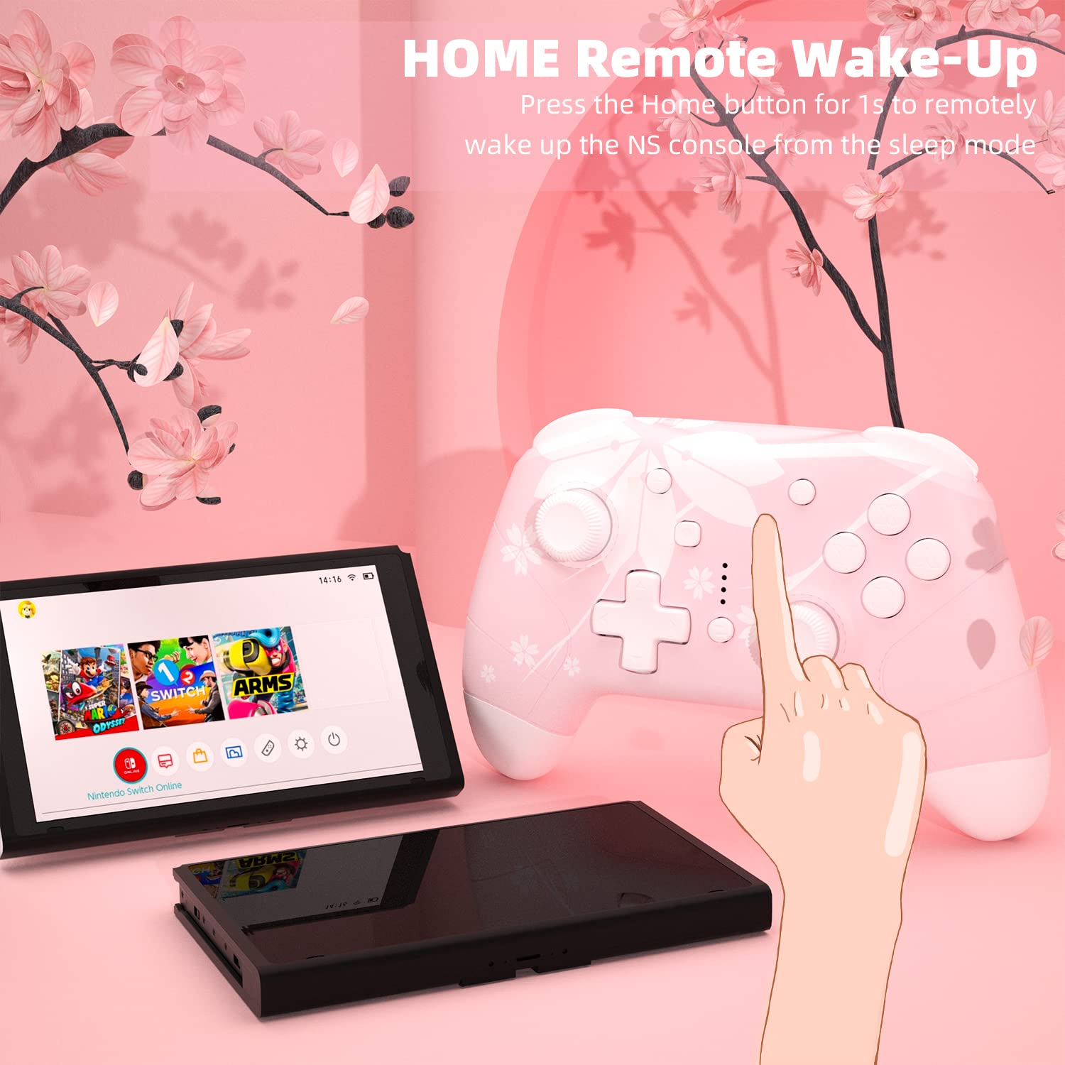 Mytrix Wireless Pro Controller for Nintendo Switch/Lite, with Wake-Up, Headphone Jack, Auto-Fire Turbo, Motion Control, Adjustable Vibration, Sakura (Renewed)