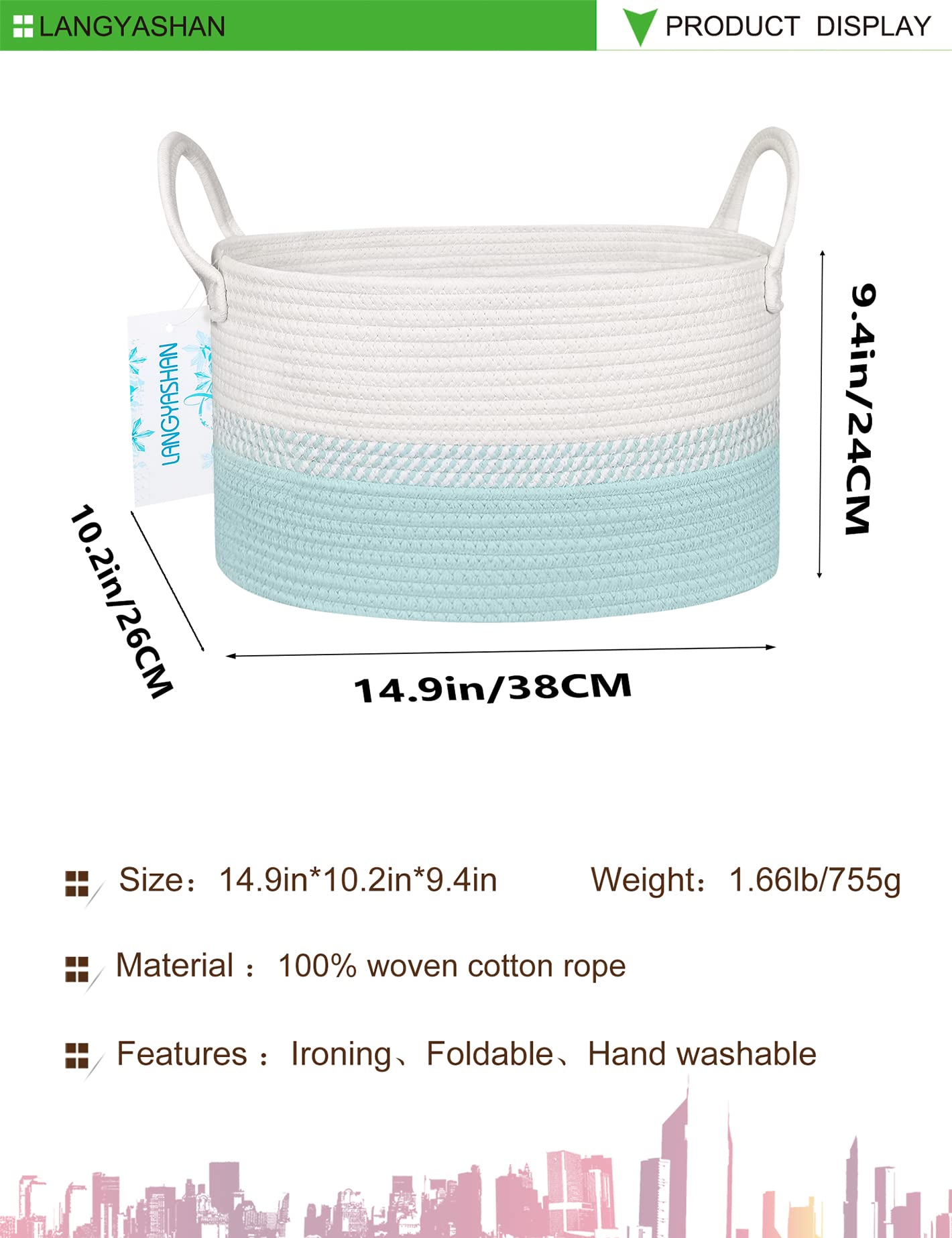 LANGYASHAN Rectangular Woven Rope Basket Decorative Blanket Basket for Living Room Storage or Nursery Laundry Hamper Basket with Handles Laundry Basket(Blue)