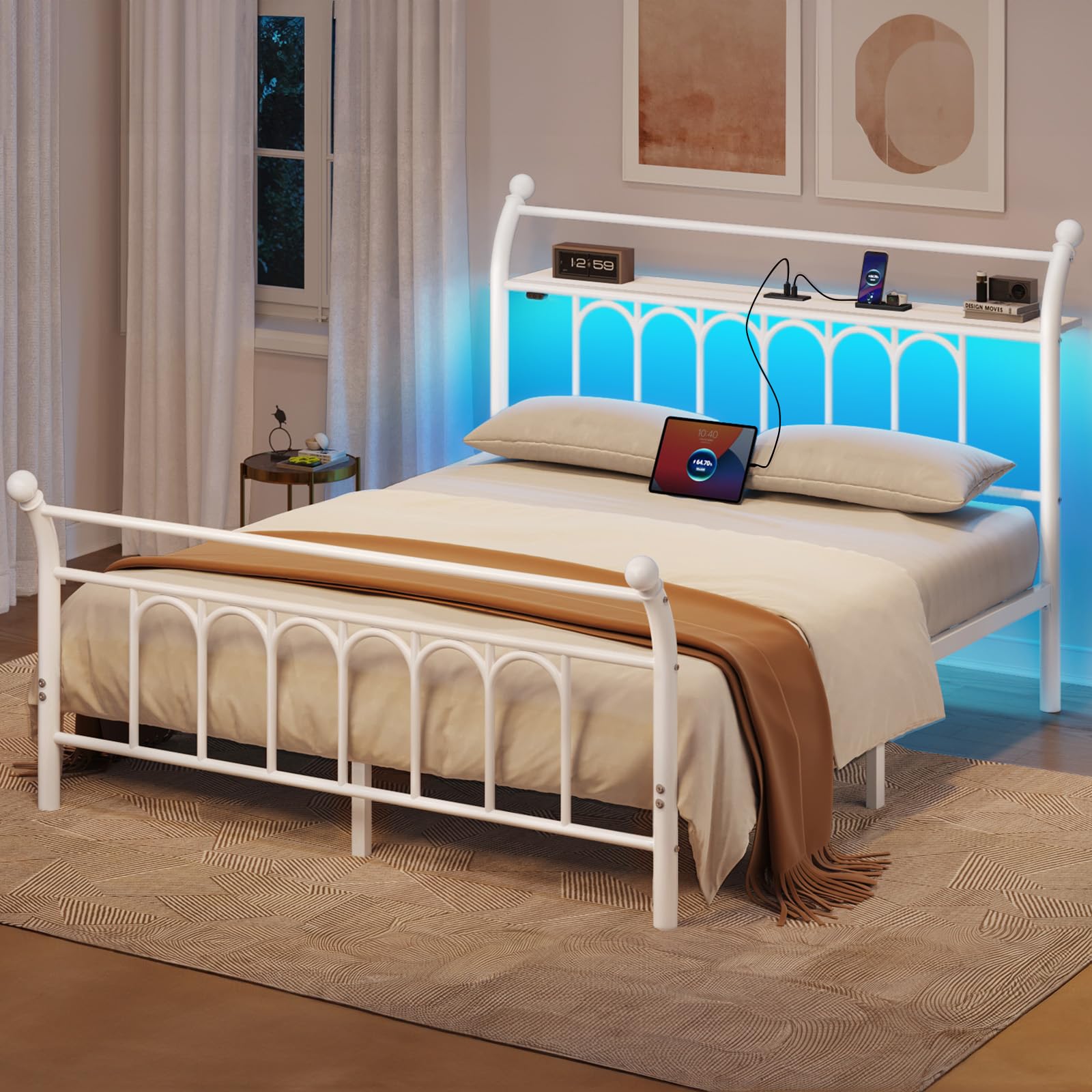 Rolanstar Queen Bed Frame with USB Charging Station, LED Bed Frame with Storage Headboard, 14 Inch Black Metal Platform Bed with Sleigh Headboard and Footboard, No Box Spring Needed, Noise Free