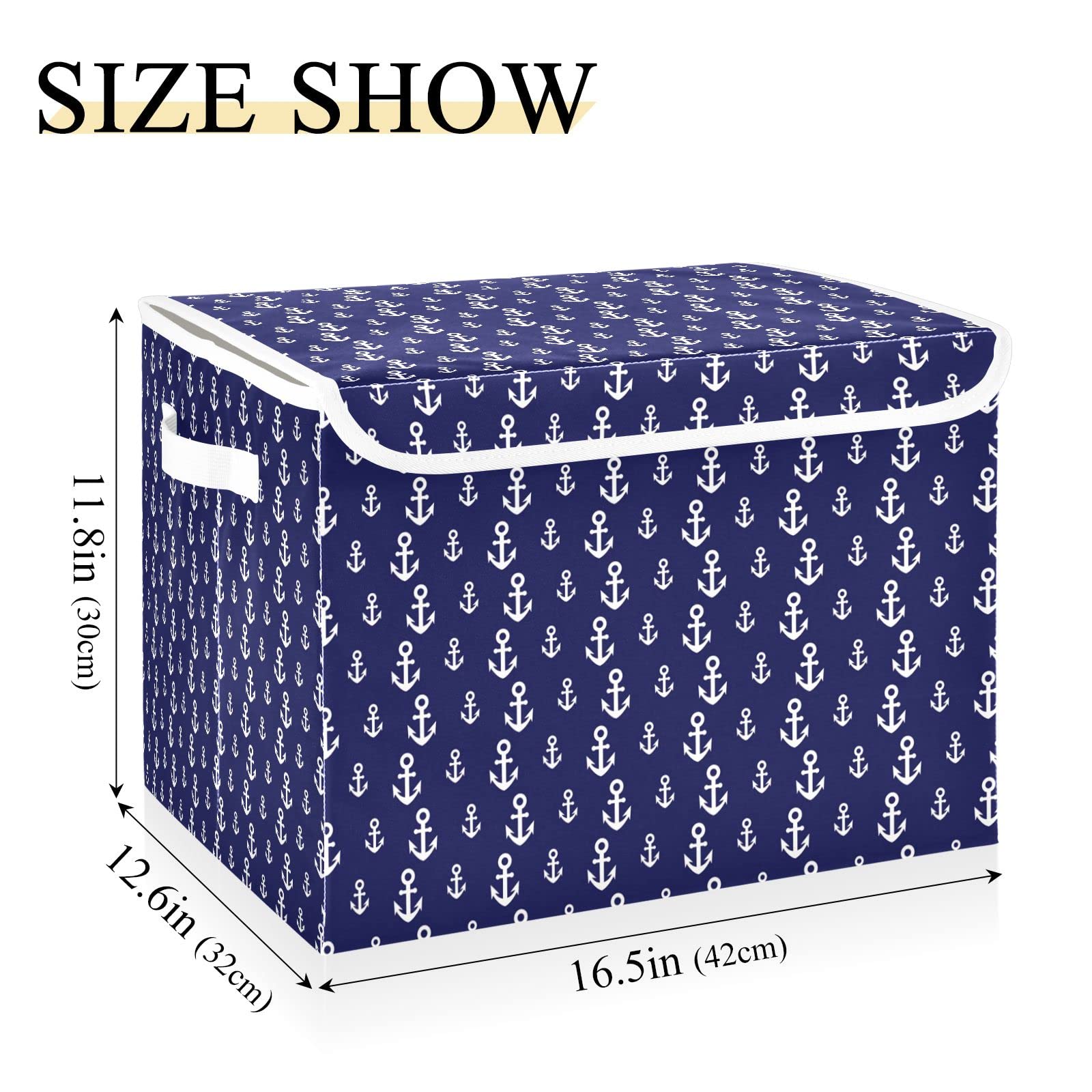 Kigai Storage Basket Nautical Anchor Blue Storage Boxes with Lids and Handle, Large Storage Cube Bin Collapsible for Shelves Closet Bedroom Living Room, 16.5x12.6x11.8 In