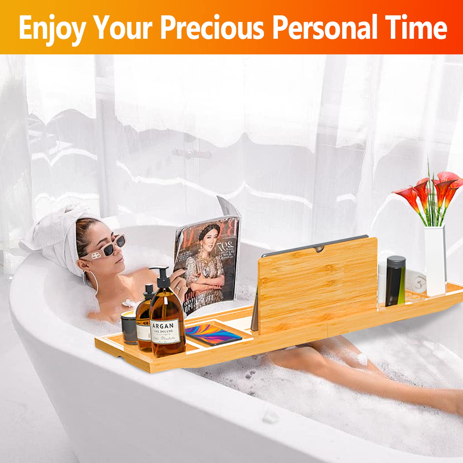 Kalrin Bathtub Tray for Tub, Upgraded Bamboo Bathtub Caddy Tray Expandable & Foldable with Free Soap Dish and Book Stand, Bathtub Table Tray for Luxury Bath Home Spa and Gift Choice - Fits Most Tubs
