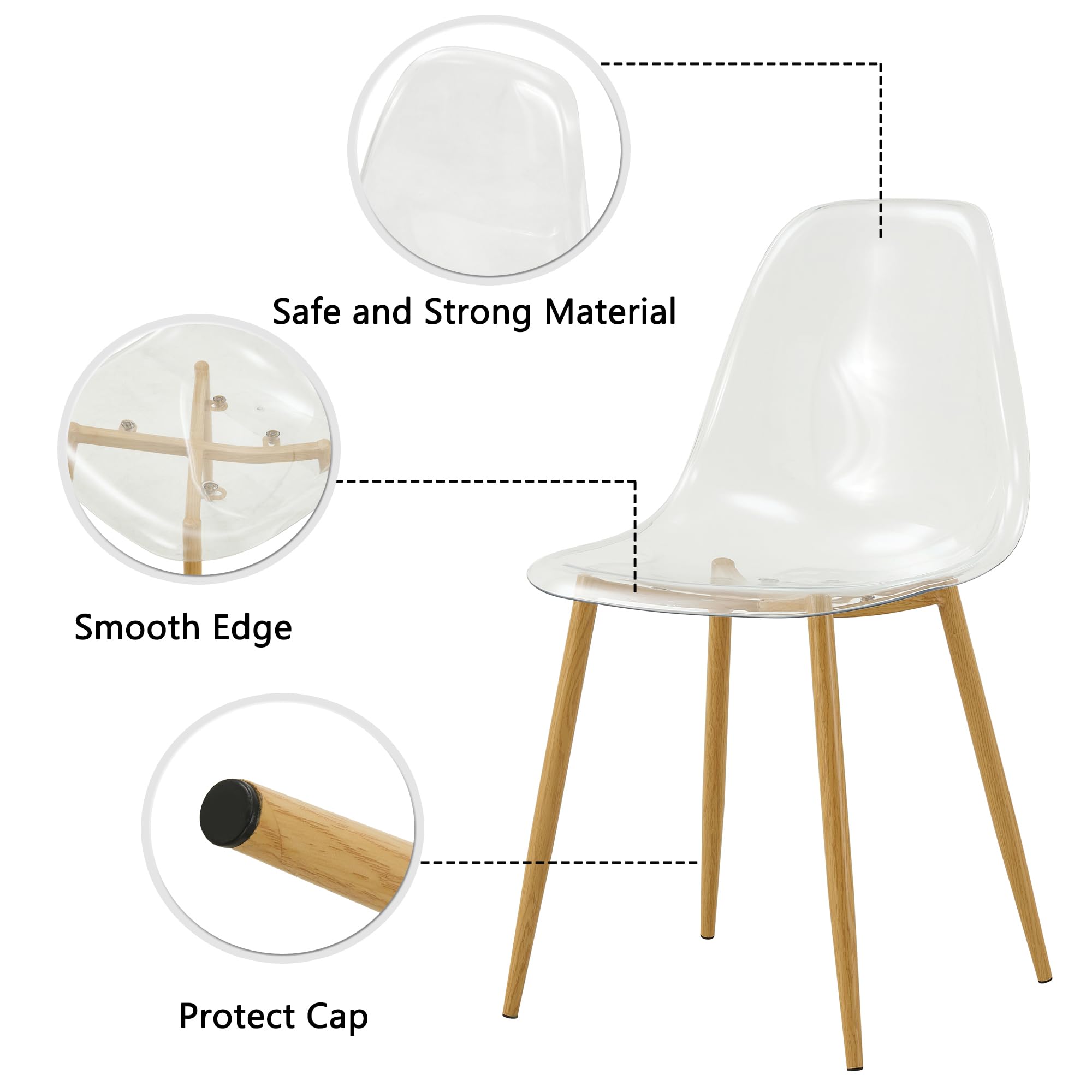 Henf Transparent Dining Table Set for 4 Persons,5-Piece Dining Table Set with 4 Plastic Chair for Kitchen Dinette,51'' Glass Dining Room Table and Chair Set,Breakfast Nook w/ 4 Chairs (Light Brown)