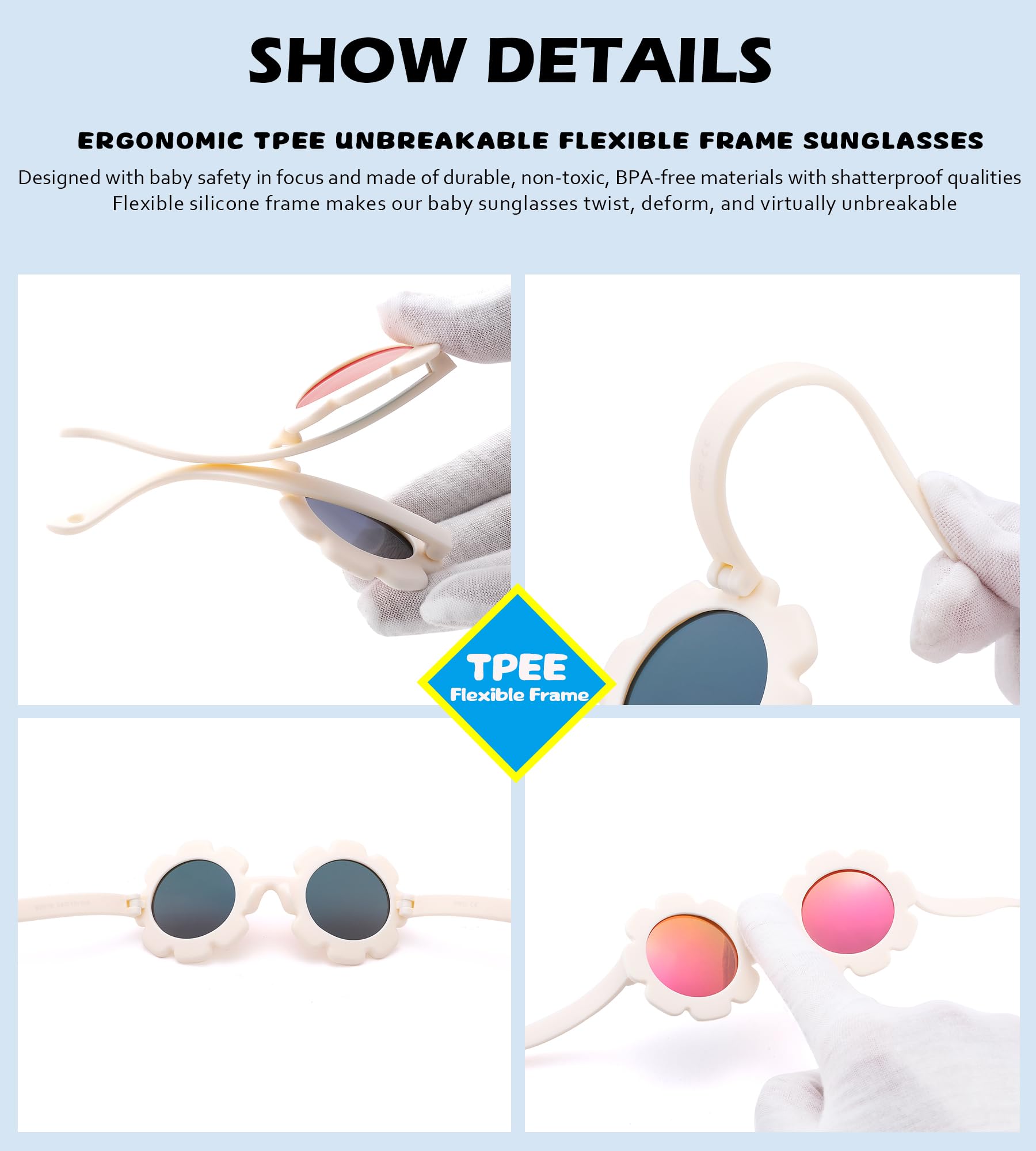 NULOOQ Polarized Baby Sunglasses with Strap β Flexible Flower Shaped Sunglasses for Toddler & Infant Age 0-24 Months (Pink/Pink Mirrored + White/Purple Red Mirrored) - 2 Pack