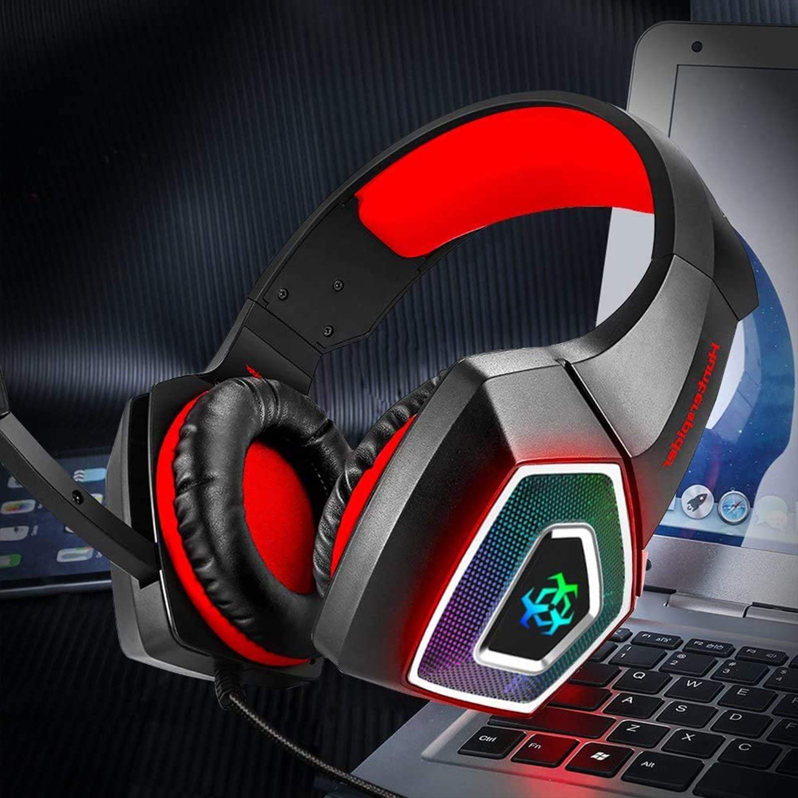 Hunterspider PS4 Gaming Headset, Gaming Headphones with Microphone, Noise Cancelling Stereo 7.1 Surround Sound Headset with Mic for Xbox PC, Unique 7 RGB Light.