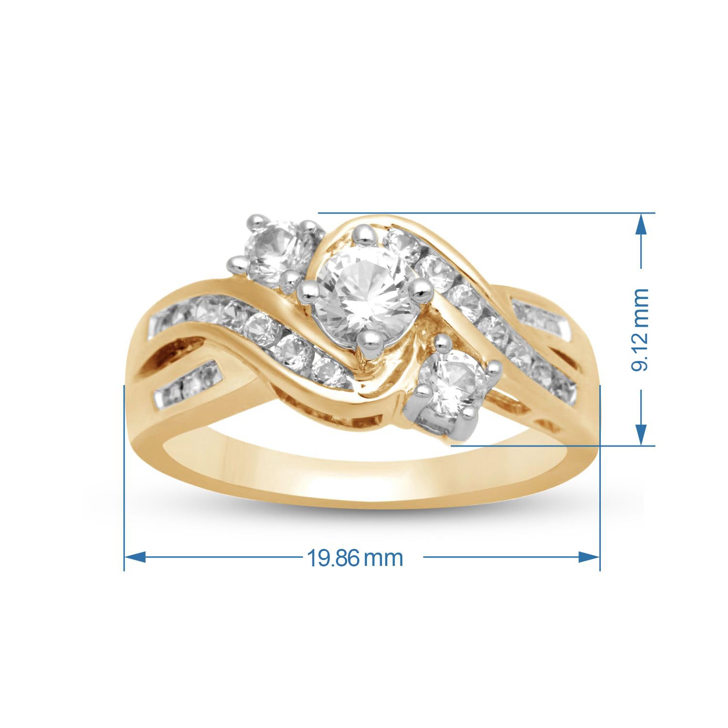 Jewelili 14K Yellow gold over Sterling Silver 3 Stone Round Created White Sapphire and Natural White Round Diamond Accent Ring, Size 6