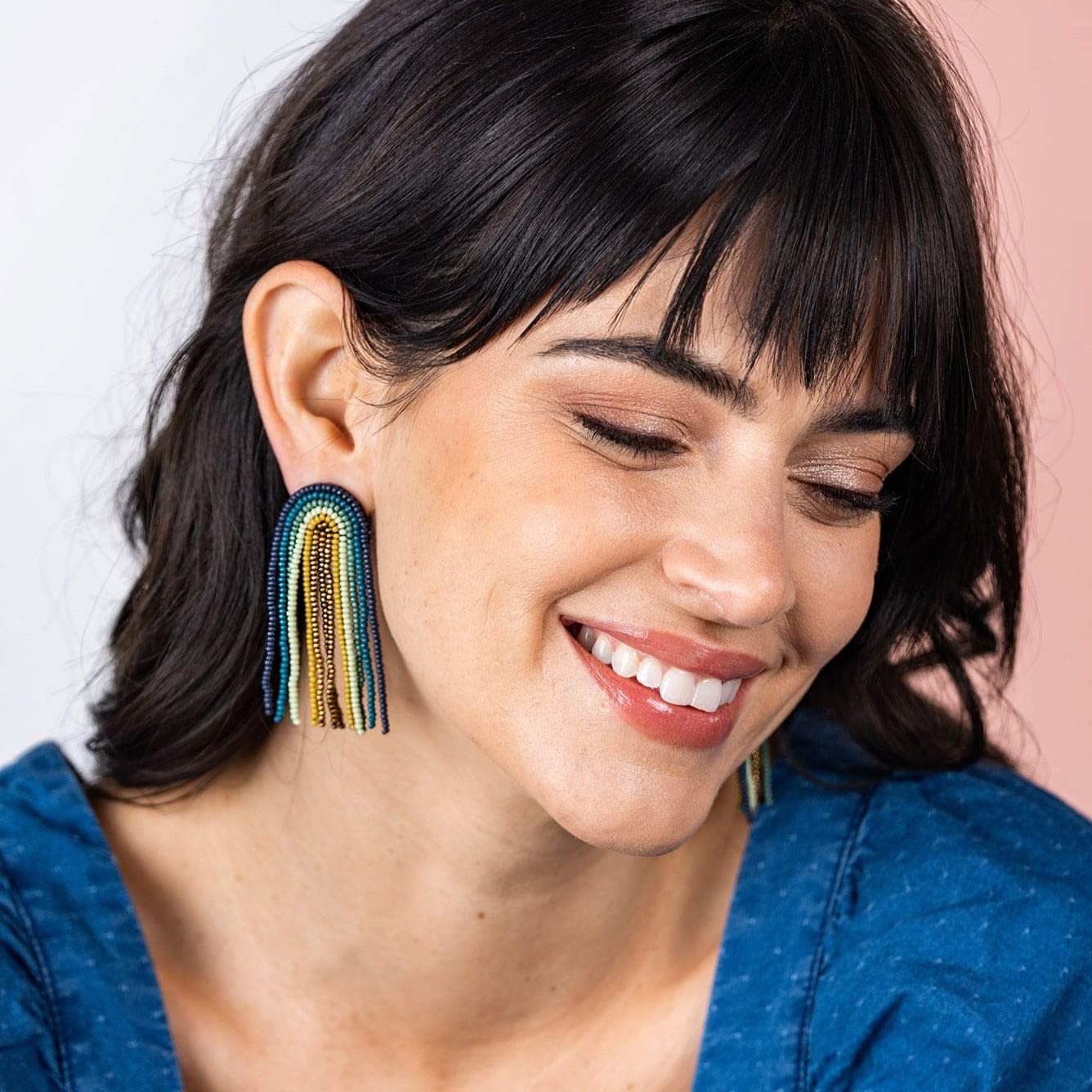 INK + ALLOY Women's Skylar 2.25-Inch Rainbow Fringe Beaded Boho Earrings Handmade Jewelry for the Modern Bohemian (Teal Navy)