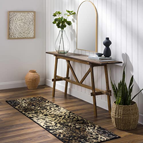 Hauteloom Lawtell Transitional Hallway, Entryway Runner Rug - Mid Century Modern Carpet - Traditional Classical Look - Black, Light Brown, Dark Brown, Tan - 2'2" x 7'7"