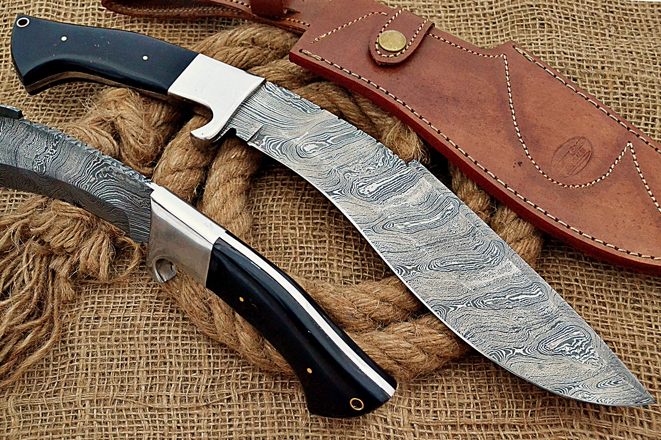 HUNTEX Handmade Hand-Forged Twist Pattern Damascus Steel 15 Inch Long Full Tang Natural Buffalo Horn Handle Razor Sharp Hunting Camping Kukri Knife w/Genuine Leather Sheath