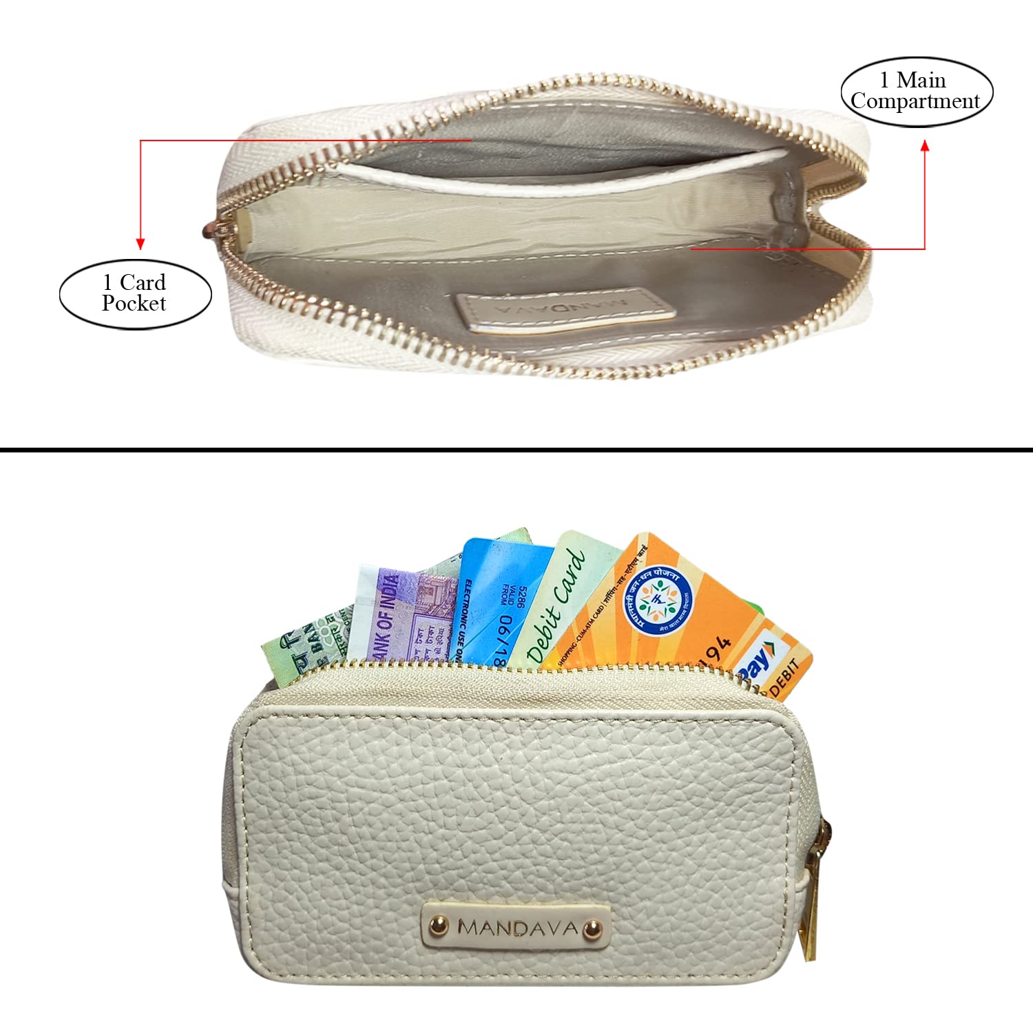 MANDAVA Women's PU Leather Mini Wallet | Ladies Slim Compact Card Holder Organizer Zipper Coin Purse (White)