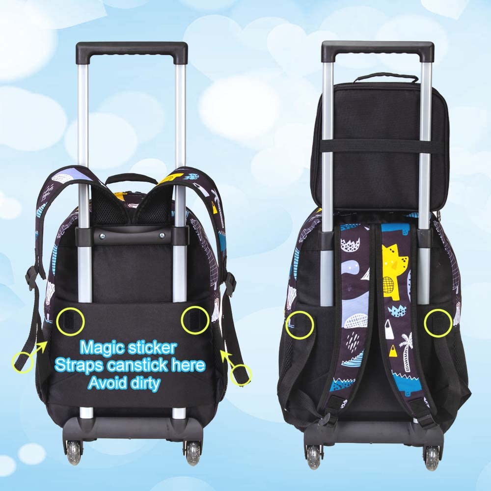 gxtvo Rolling Backpack for Boys, Roller Wheels Kids Bookbag - Wheeled Suitcase Elementary School Bag - 3PCS Dinosaur