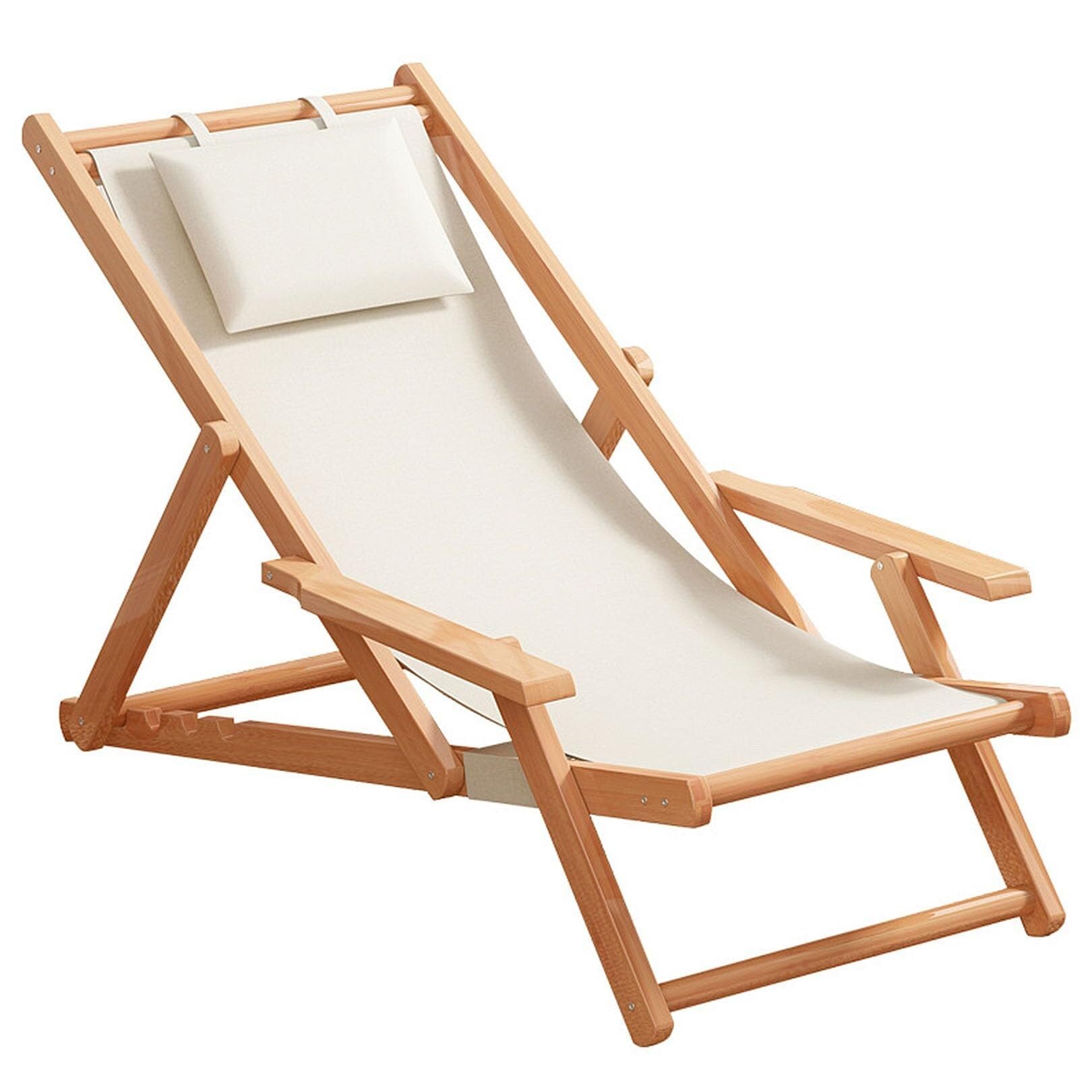 Outdoors Pool Chaise Lounger, Folding Lounge Recliner Chairs, Wooden Sunbathing Chair with 4-Position Adjustable Backrest and Arm, Assemble-Free(Beige)