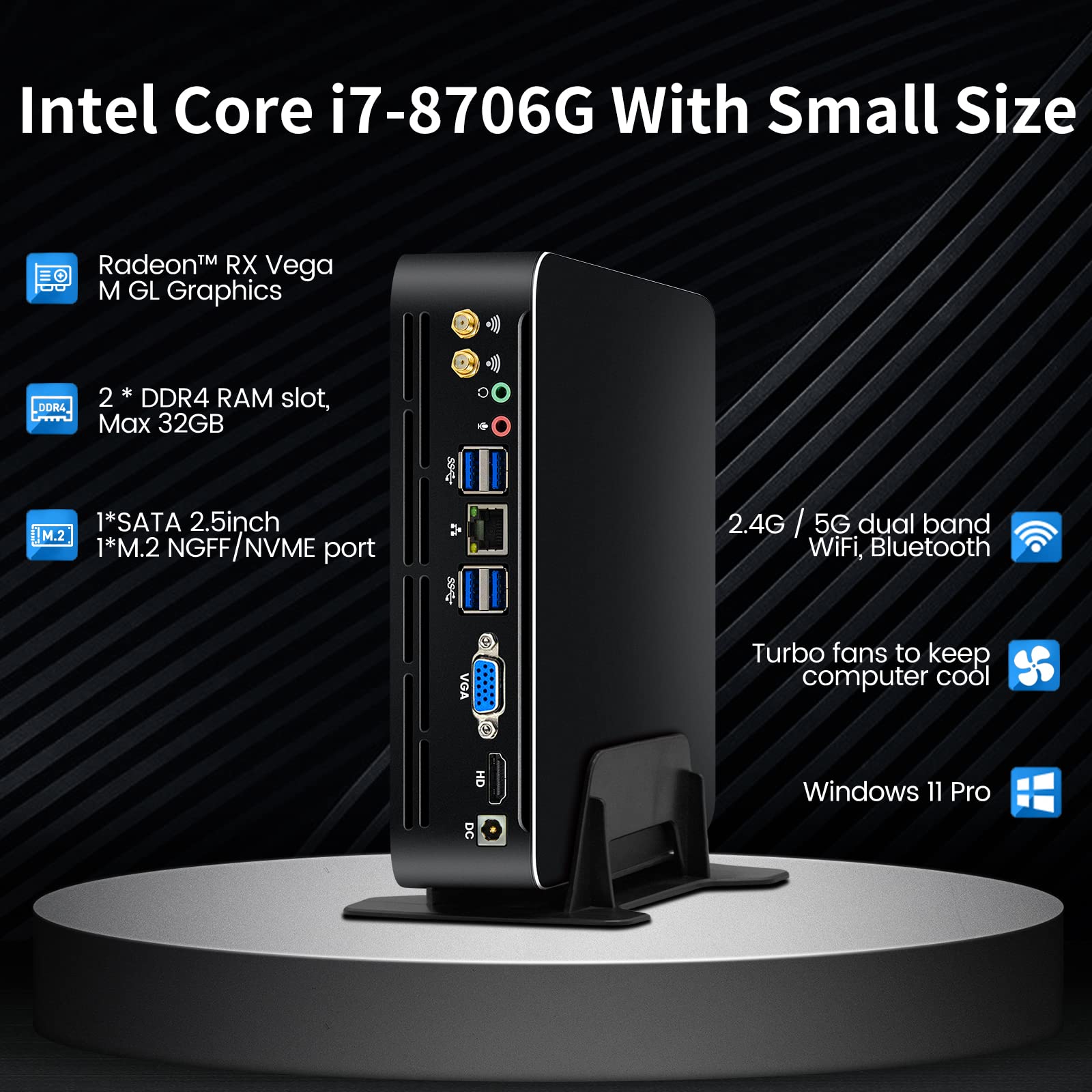 Mini Computers, KINUPUTE Gaming Desktop PC Core i7-8706G 3.1-4.1GHz, Radeon RX Vega M GL/GH 4G Graphics, Windows 11 Pro, 16G DDR4/ 512G NVME SSD, HDMI, VGA, 4K@60Hz, Dual-band Wifi, Bluetooth4.0, HTPC