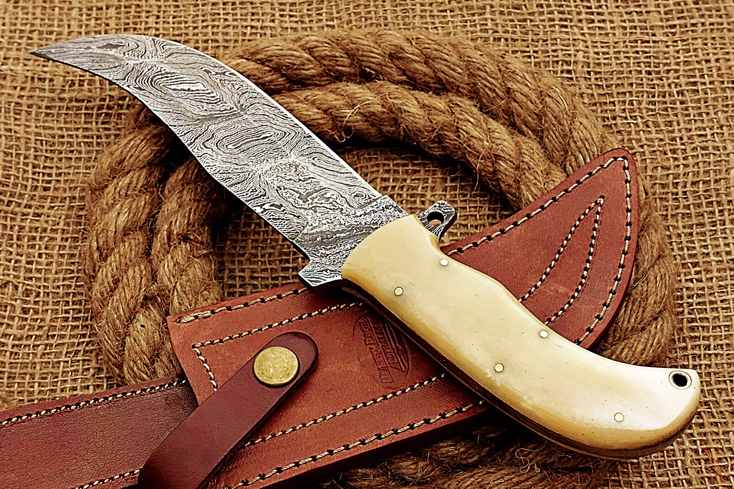 HUNTEX Handmade Hand-Forged Twist Pattern Damascus Steel 11 Inch Long Full Tang Camel Bone Handle Razor Sharp Hunting Camping Trail Knife w/Genuine Leather Sheath