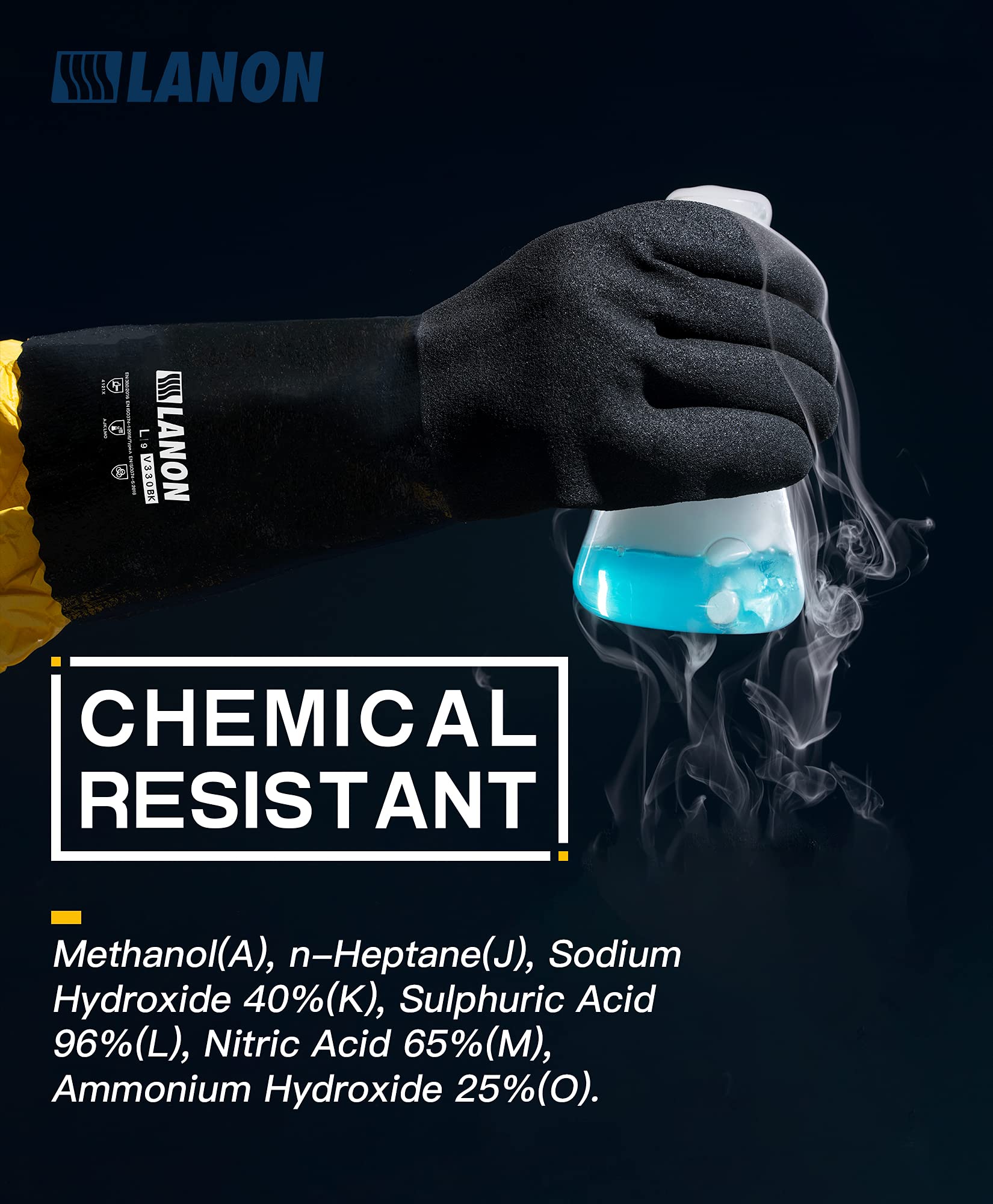 LANON Nitrile Chemical Resistant Gloves, Reusable Heavy-Duty Rubber Gloves with MicroFoam Textured Palm, Acid, Alkali and Oil Protection, Black, Large