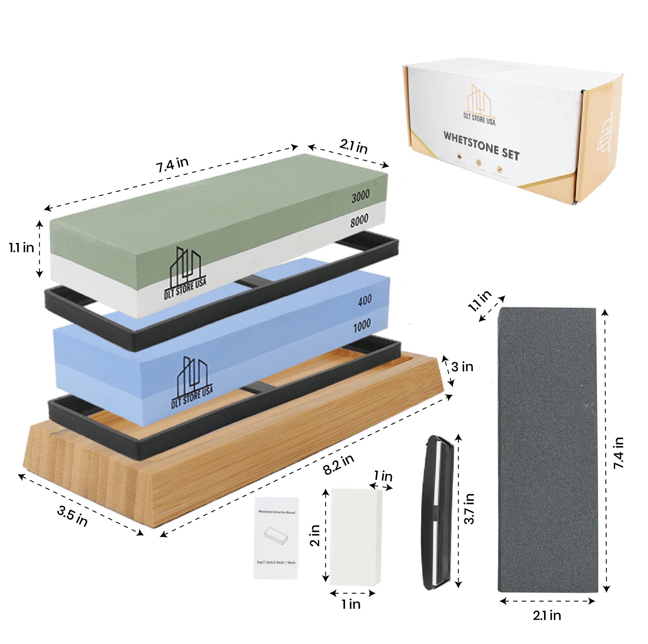 Knife Sharpening Stone Kit, DLT Store USA Professional Whetstone Sharpener Stone Set, Premium 2 Side Grit 400/1000 3000/8000 Water Stone, Flattening Stone, Non Slip Bamboo Base & Angle Guide