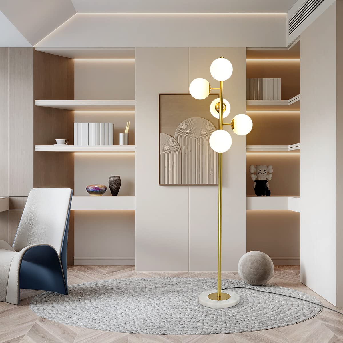 KCO Lighting 5-Light Frosted White Glass Globe Floor Lamp Mid Century Modern Gold Tall Pole Standing Light LED Standing Lamps with Foot Switch for Home Office (Gold)