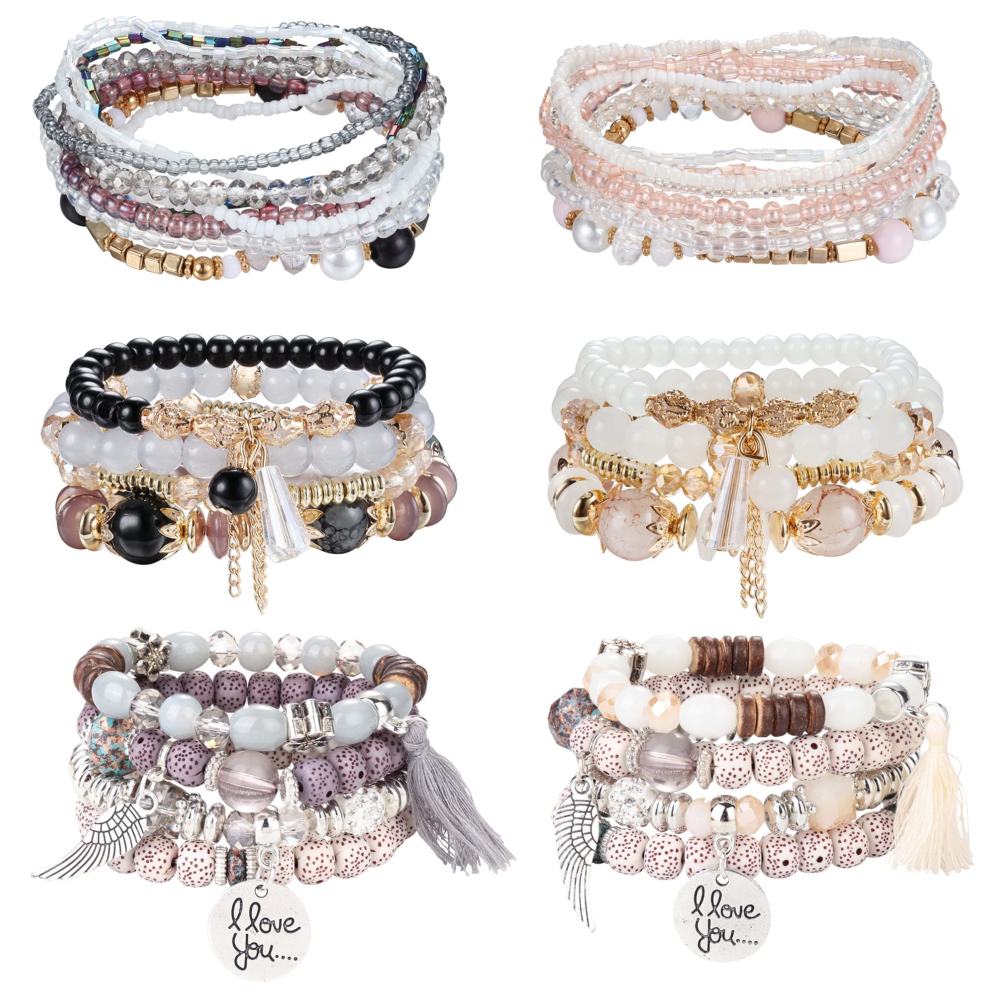 Jstyle 6 Sets Bohemian Stackable Bead Bracelets for Women Stretch Multilayered Bracelet Set Multicolor Jewelry A