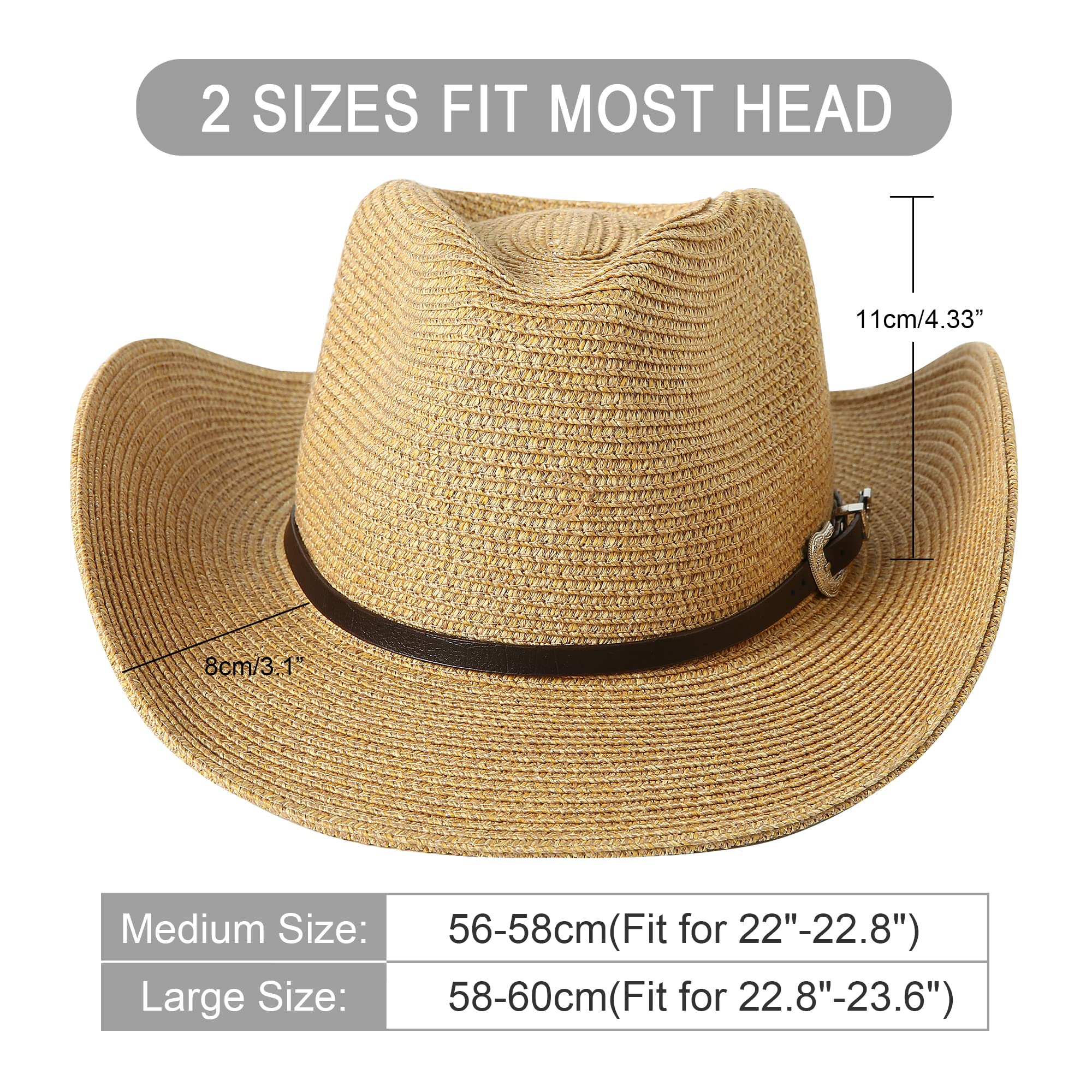 Lanzom Women Men Summer Western Straw Cowboy Cowgirl Hat Shapeable Wide Brim Staw Beach Sun Hat (Medium, Mixed Khaki)