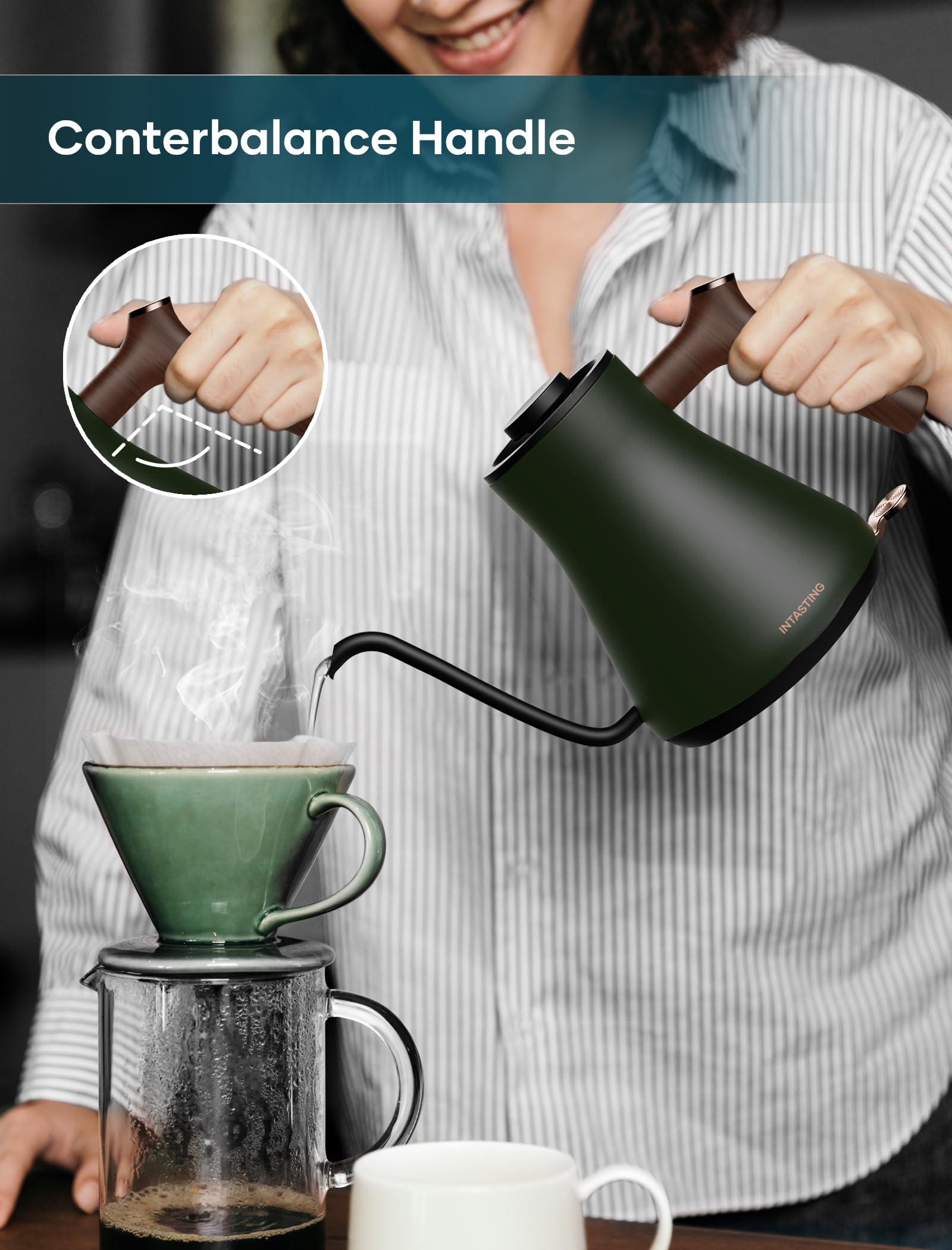 INTASTING Gooseneck Electric Kettle Hot Water Boiler Pour Over Coffee and Steeping Tea, 304 Stainless Steel, 0.9L/30oz, Auto Shut-Off & Boil Dry Protection, Matte Green with Dark Brown Wood Handle
