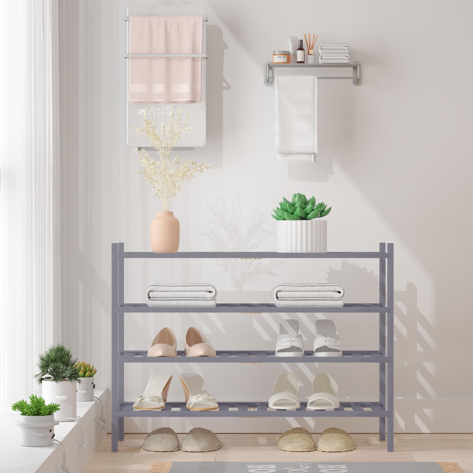RONGJIA 4-Tier Natural Bamboo Shoe Rack - Stackable Storage Shelf with Multi-Function Combinations - Free Standing Shoe Racks for Convenient Shoe Organization(Gray) 11" D x 27" W x 28" H