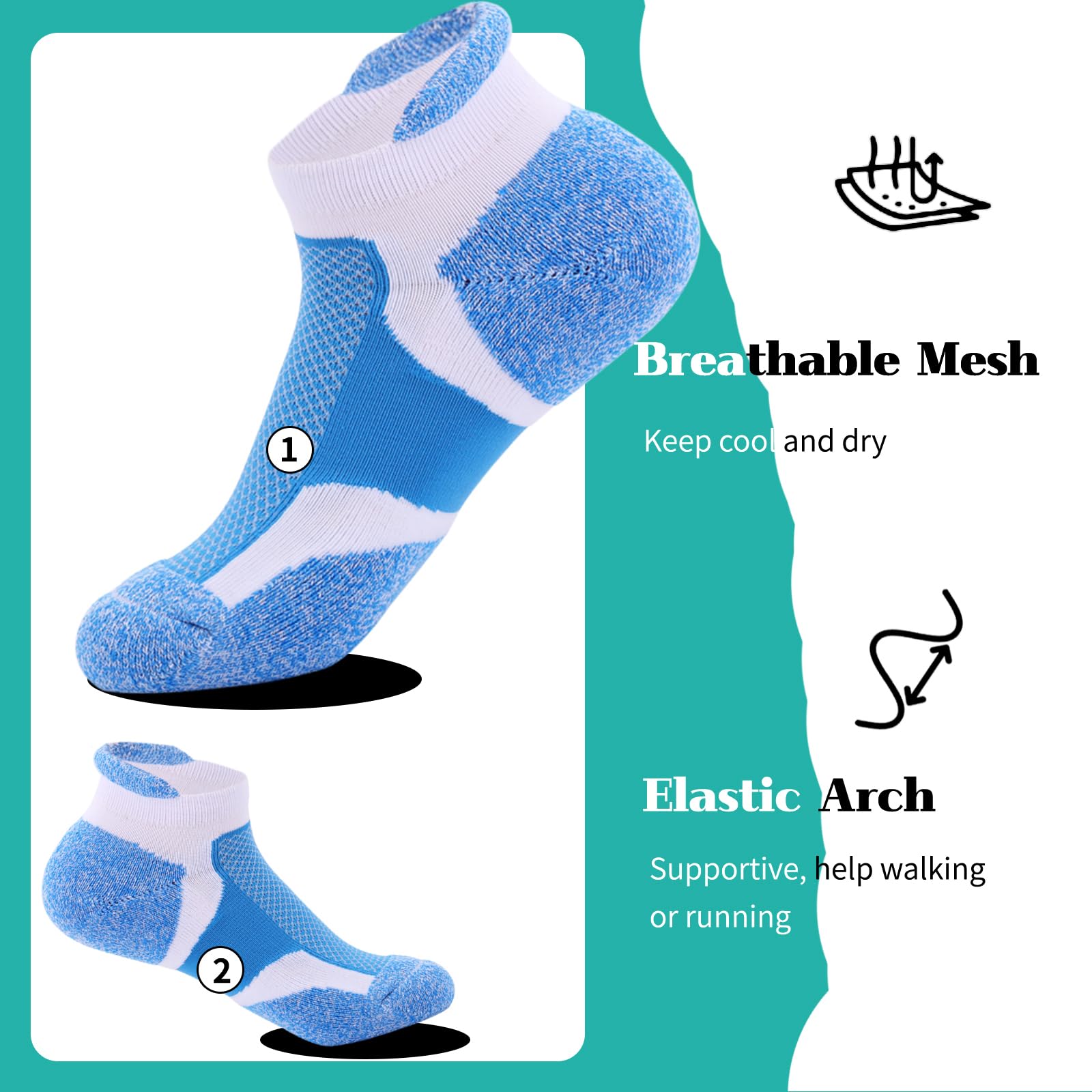 Kodal Copper Infused Ankle Socks Cushioned Athletic Low Cut Super Comfy Moisture Wicking Odor Free Socks with Tab(4 Pairs, Size 6-10)