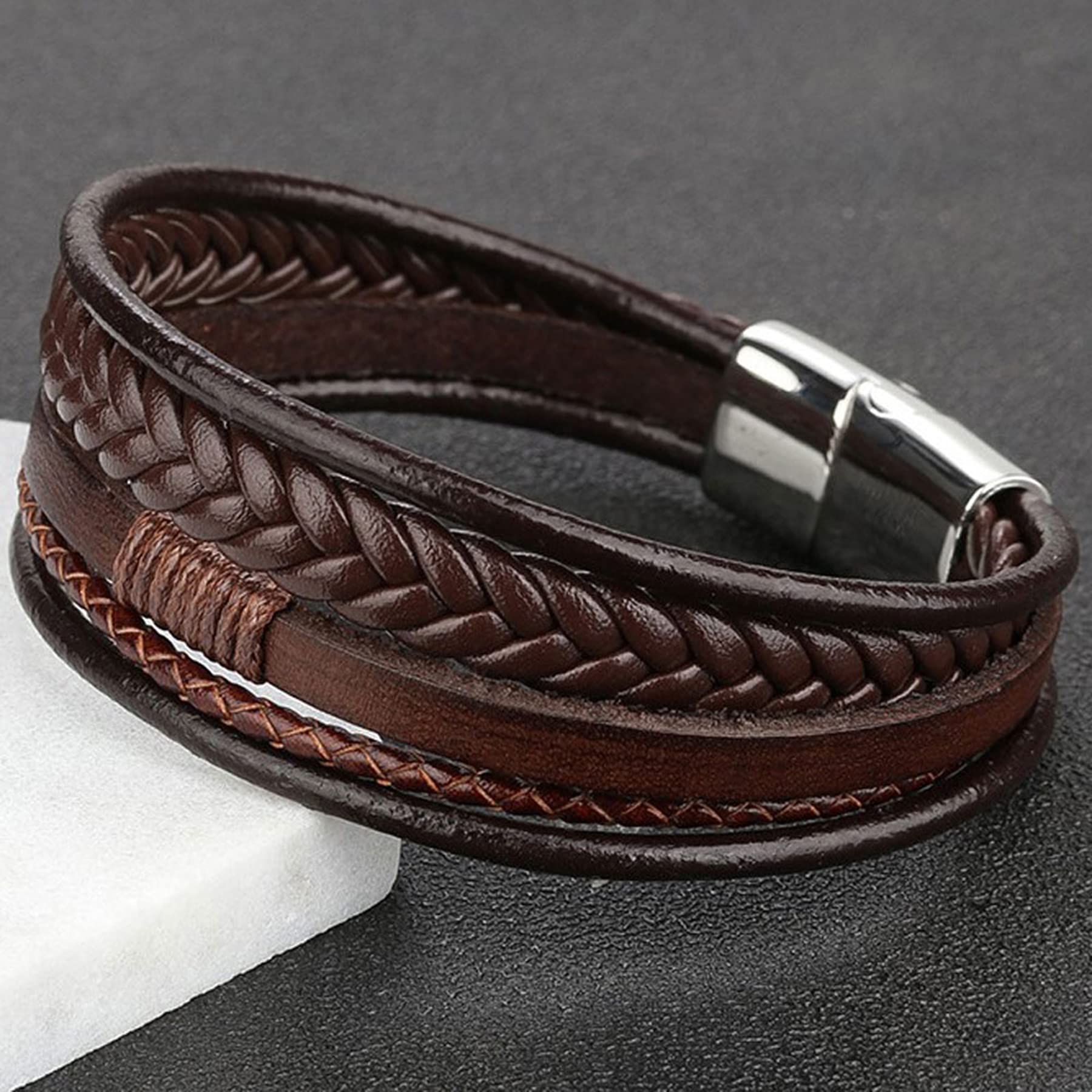 Jaslee Multi-Layered Cowhide Leather Braided Bracelet Men Women 8.3 Inches Gifts for Couple-Brown&Silver