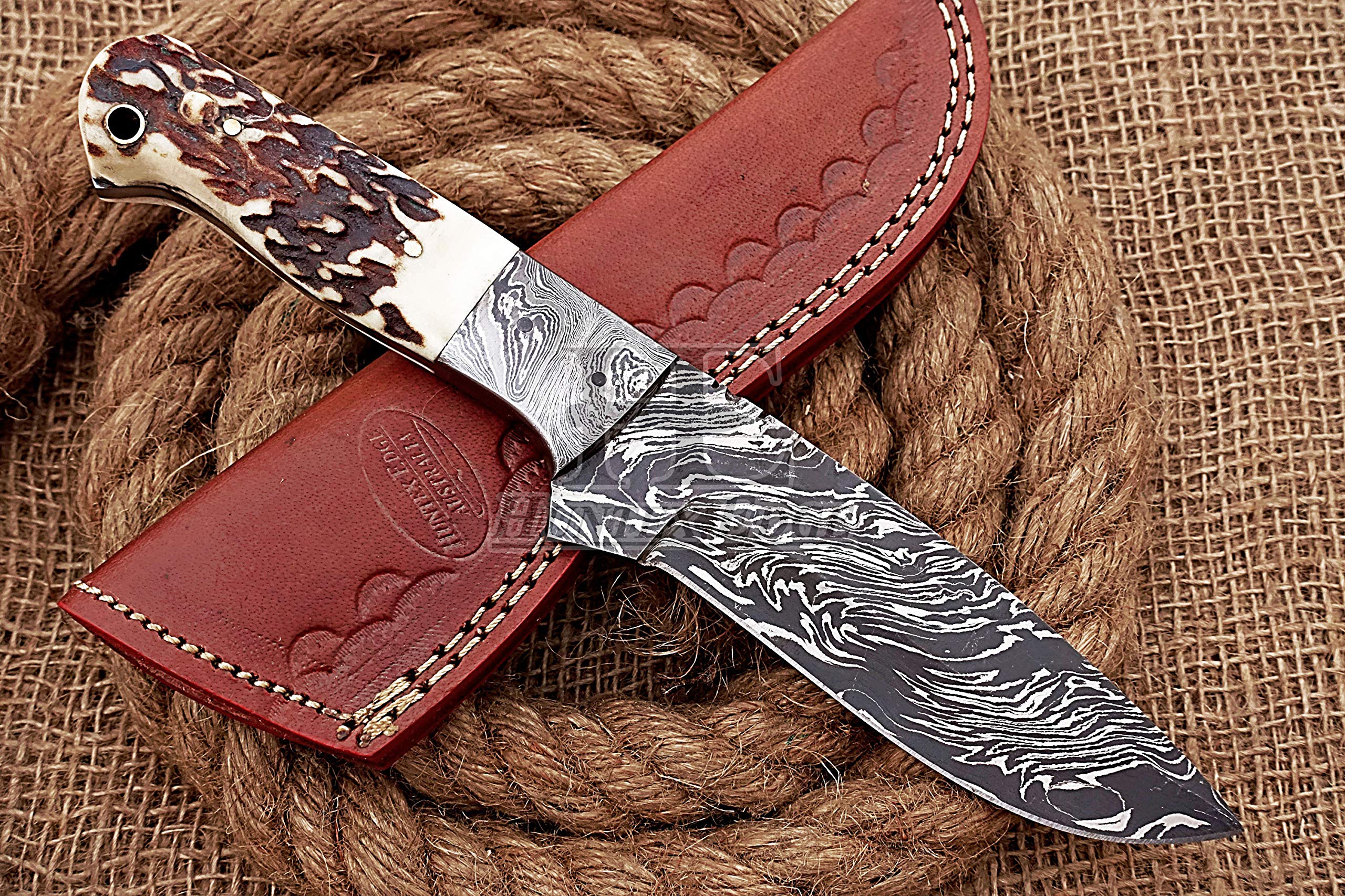 HUNTEX Unique Custom Handmade Hand-Forged Flame Pattern Damascus Steel 9 Inch Long Full Tang Deer Antler Handle Razor Sharp Hunting Camping Knife with Genuine Leather Sheath