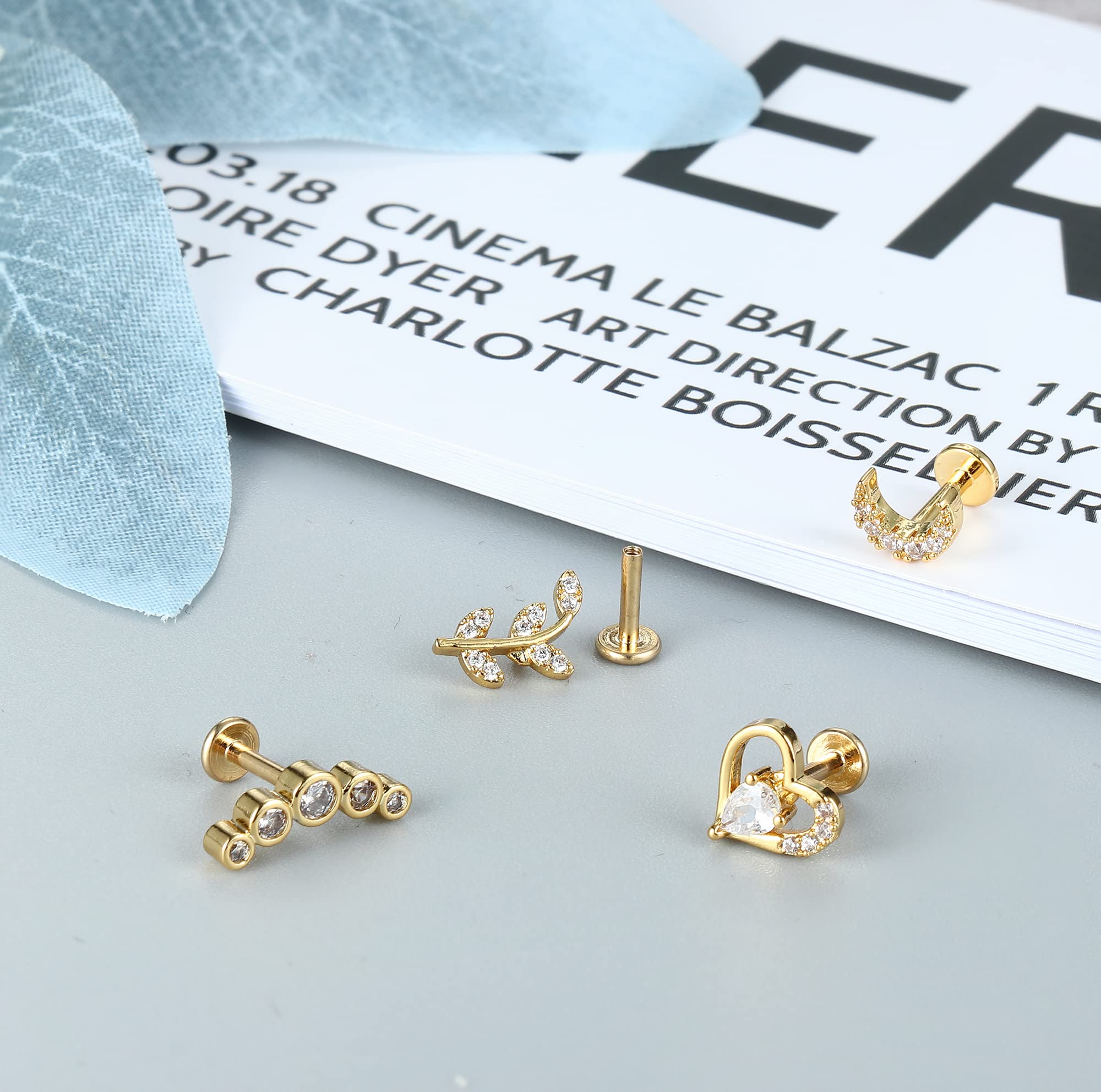 Jstyle 6Pcs Cartilage Earrings Stud Internally Threaded CZ Moon Heart Leaf Helix Tragus Conch Labret Monroe Lip Piercing Jewelry 16G G6