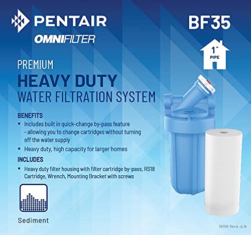 Pentair OMNIFilter BF35 Water Filtration System, 10" Premium Whole House Heavy Duty Filtration System with Bypass, Includes 10" Blue Heavy Duty Housing, RS18 Sediment Reduction Cartridge and All Tools