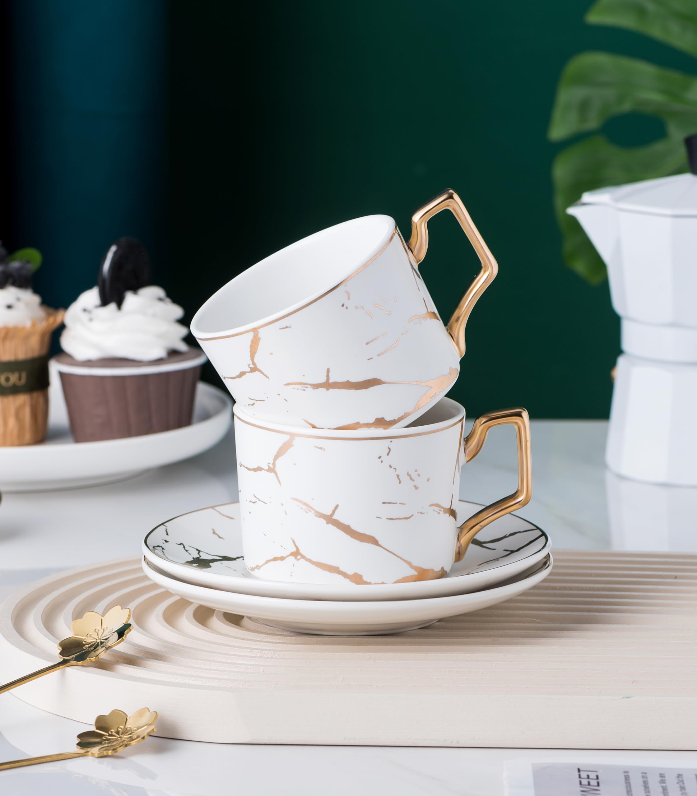 Jusalpha Serve of 4- Hand Printed Golden Matte Ceramic Marble Tea Coffee/Tea Cups with Spoons and Cup Holder, 7OZ -TCS26 (White/Gold, Serve of 4)